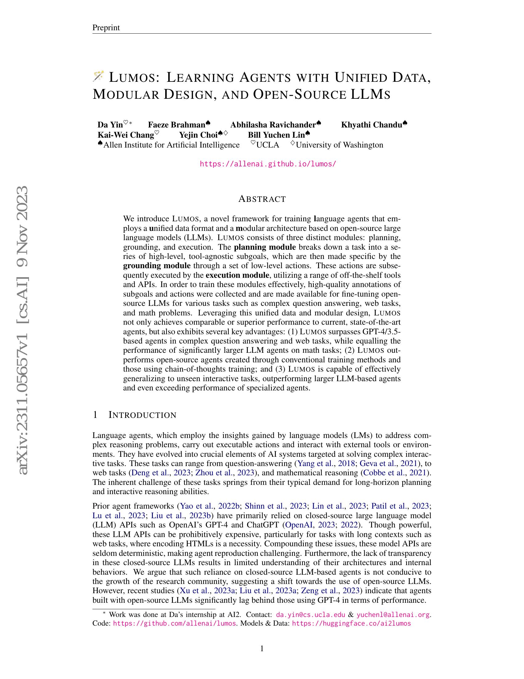 Lumos: Learning Agents with Unified Data, Modular Design, and Open-Source LLMs - 智源社区论文