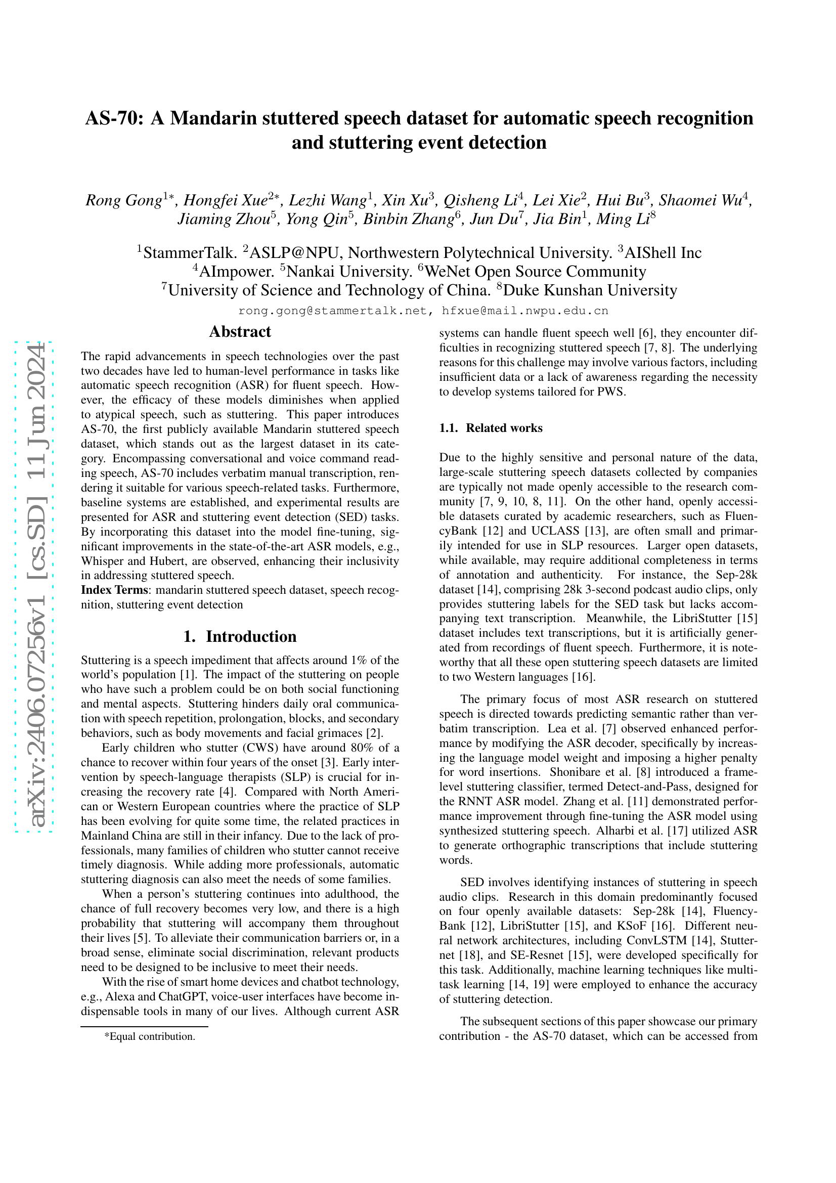 AS-70: A Mandarin stuttered speech dataset for automatic speech recognition and stuttering event ...