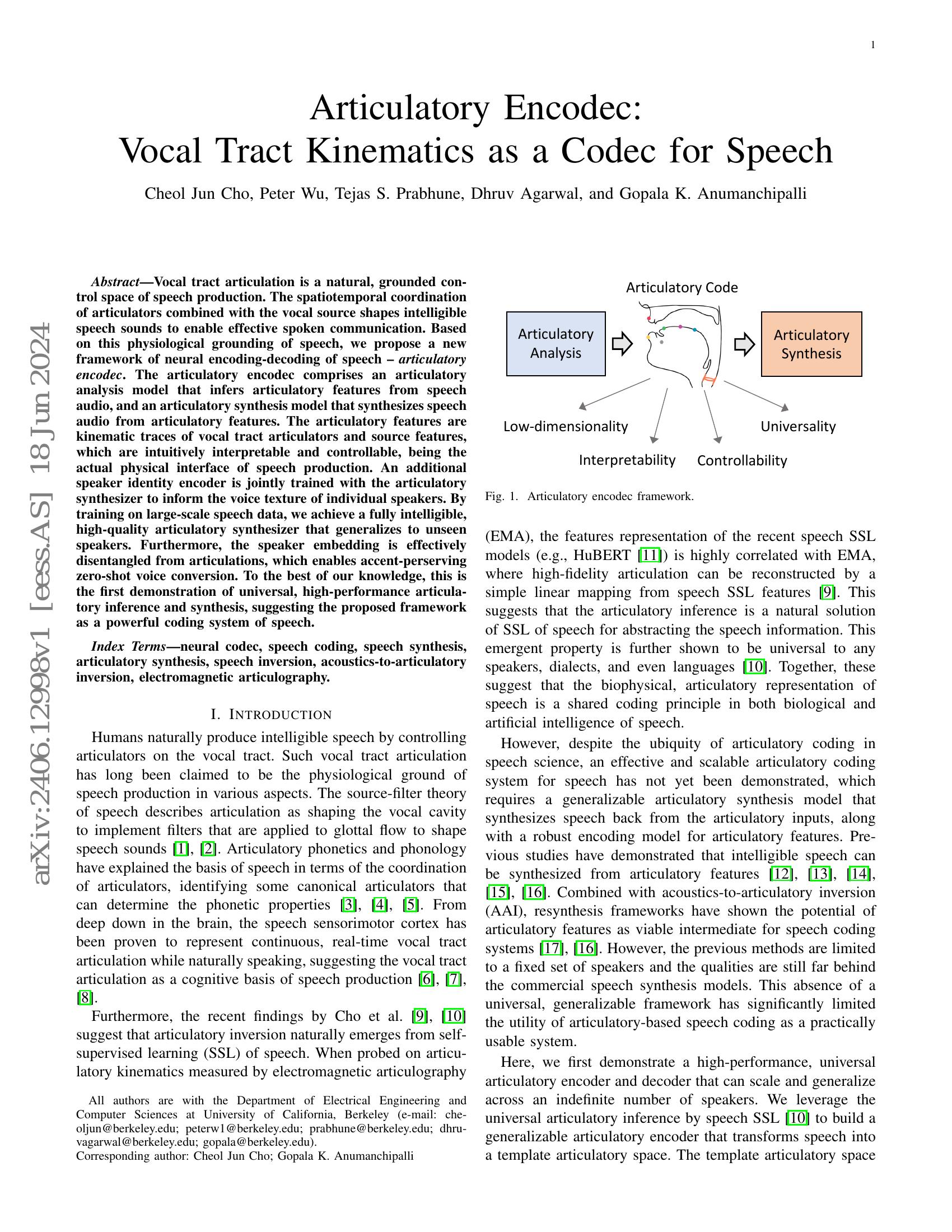 Articulatory Encodec: Vocal Tract Kinematics as a Codec for Speech - 智源社区论文