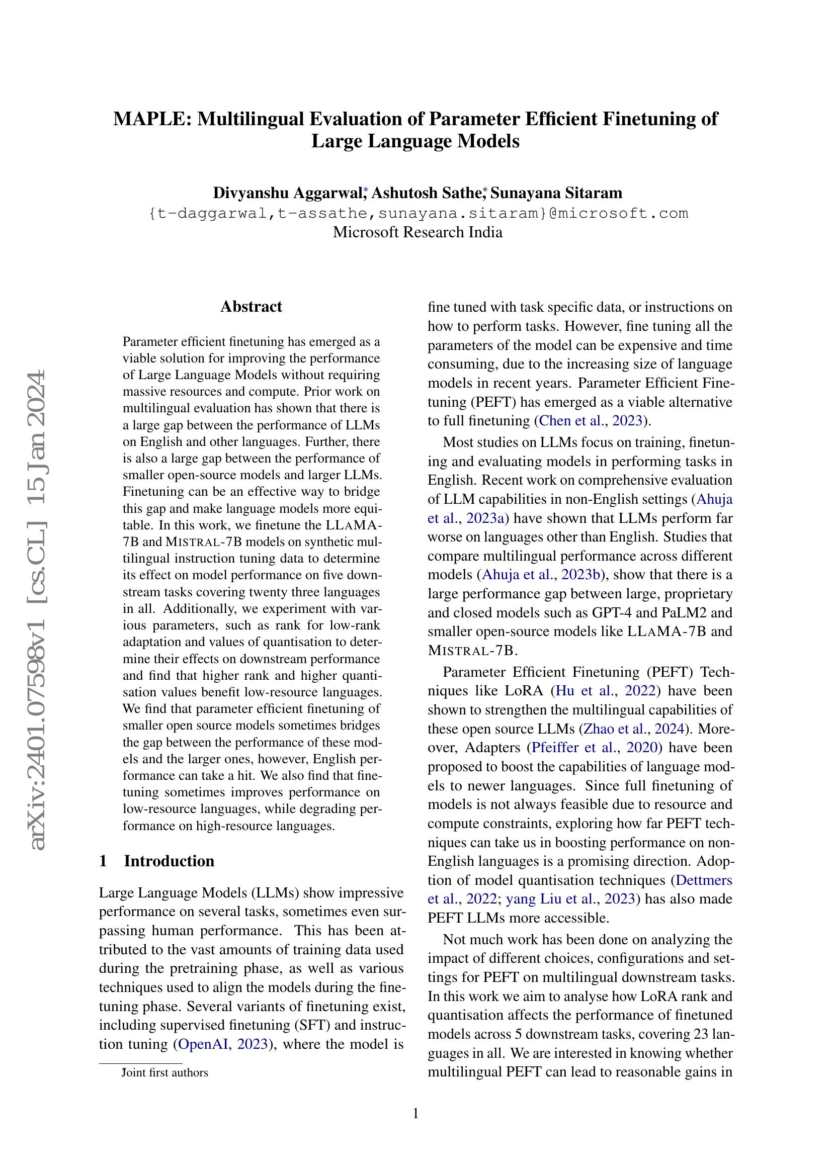 MAPLE: Multilingual Evaluation of Parameter Efficient Finetuning of Large Language Models - 智源社区论文