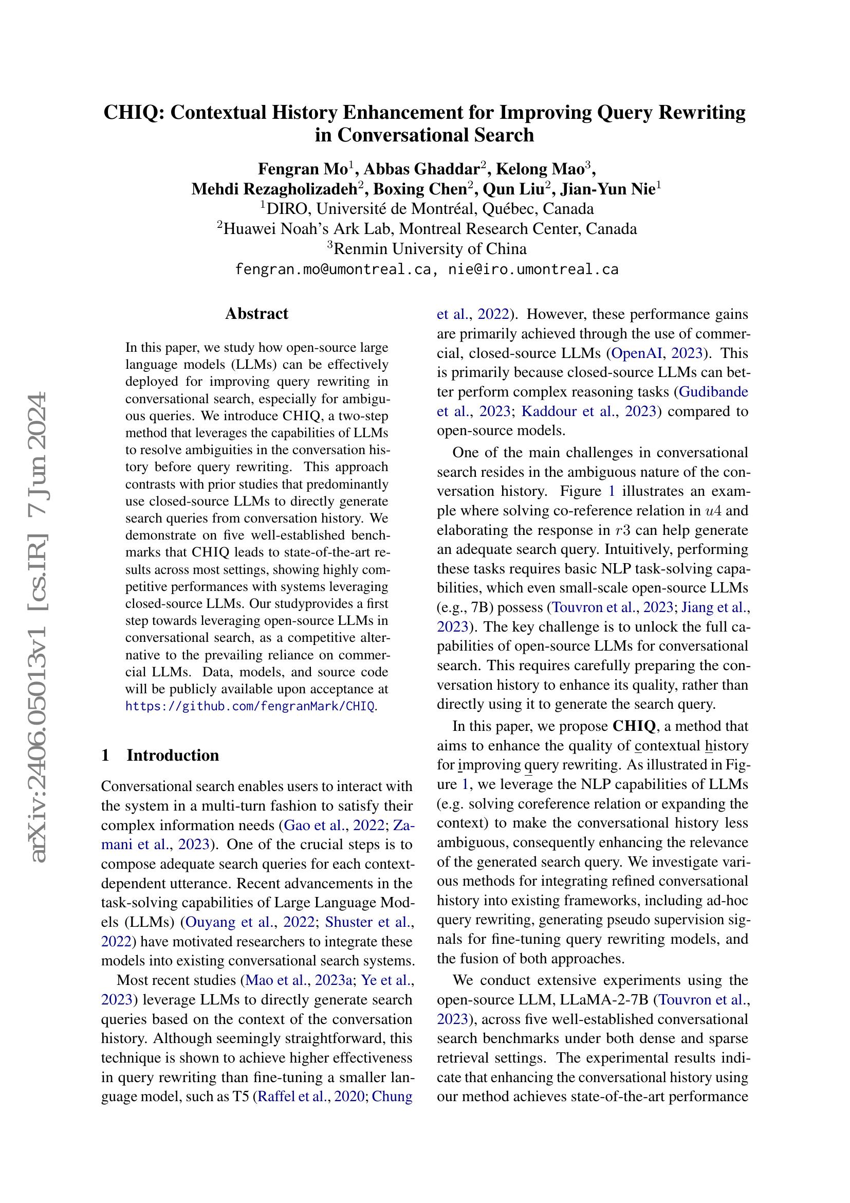 CHIQ: Contextual History Enhancement for Improving Query Rewriting in Conversational Search - 智源社区论文