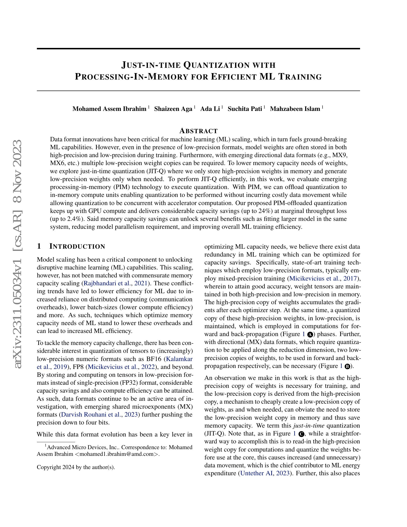 Just-in-time Quantization with Processing-In-Memory for Efficient ML Training - 智源社区论文