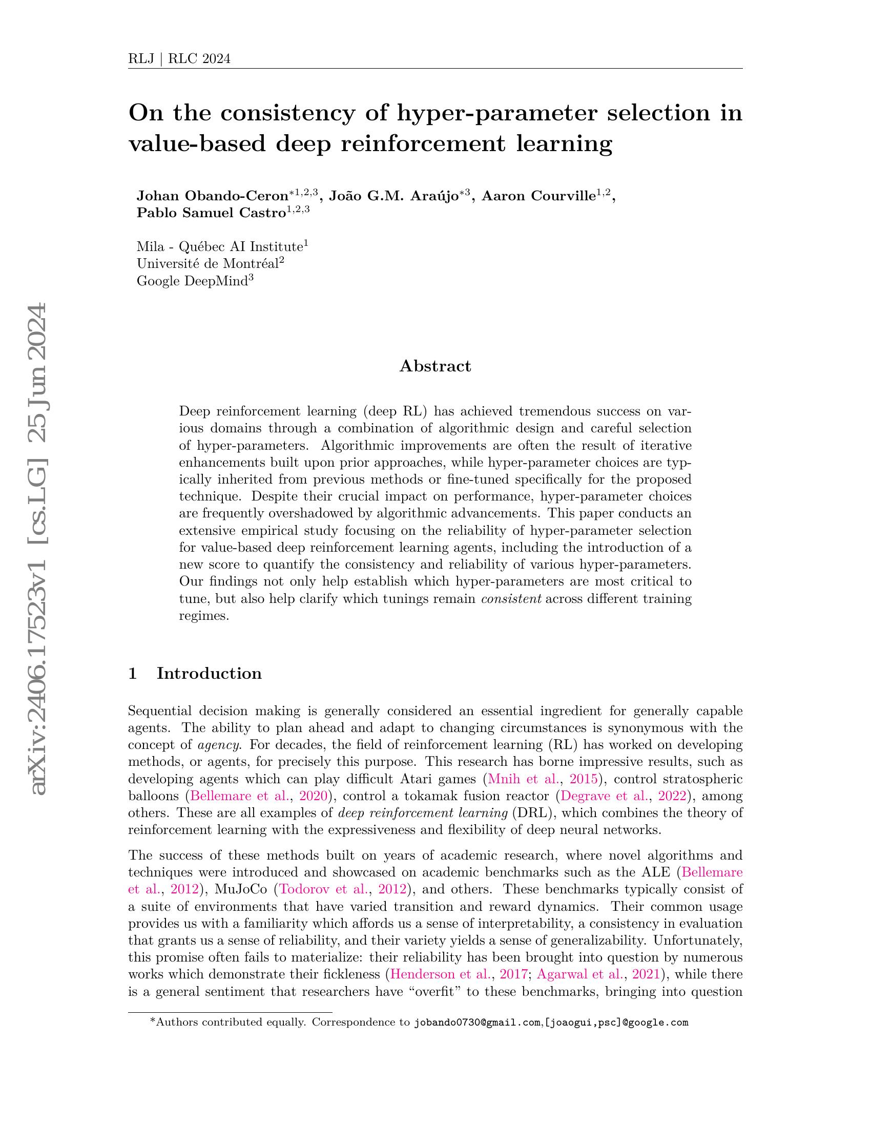 On The Consistency Of Hyper Parameter Selection In Value Based Deep