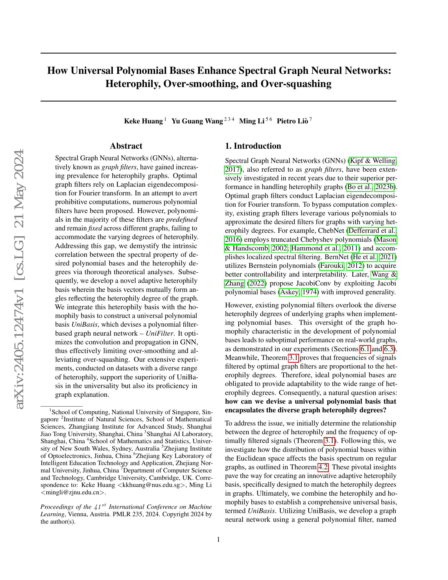 How Universal Polynomial Bases Enhance Spectral Graph Neural Networks: Heterophily, Over ...