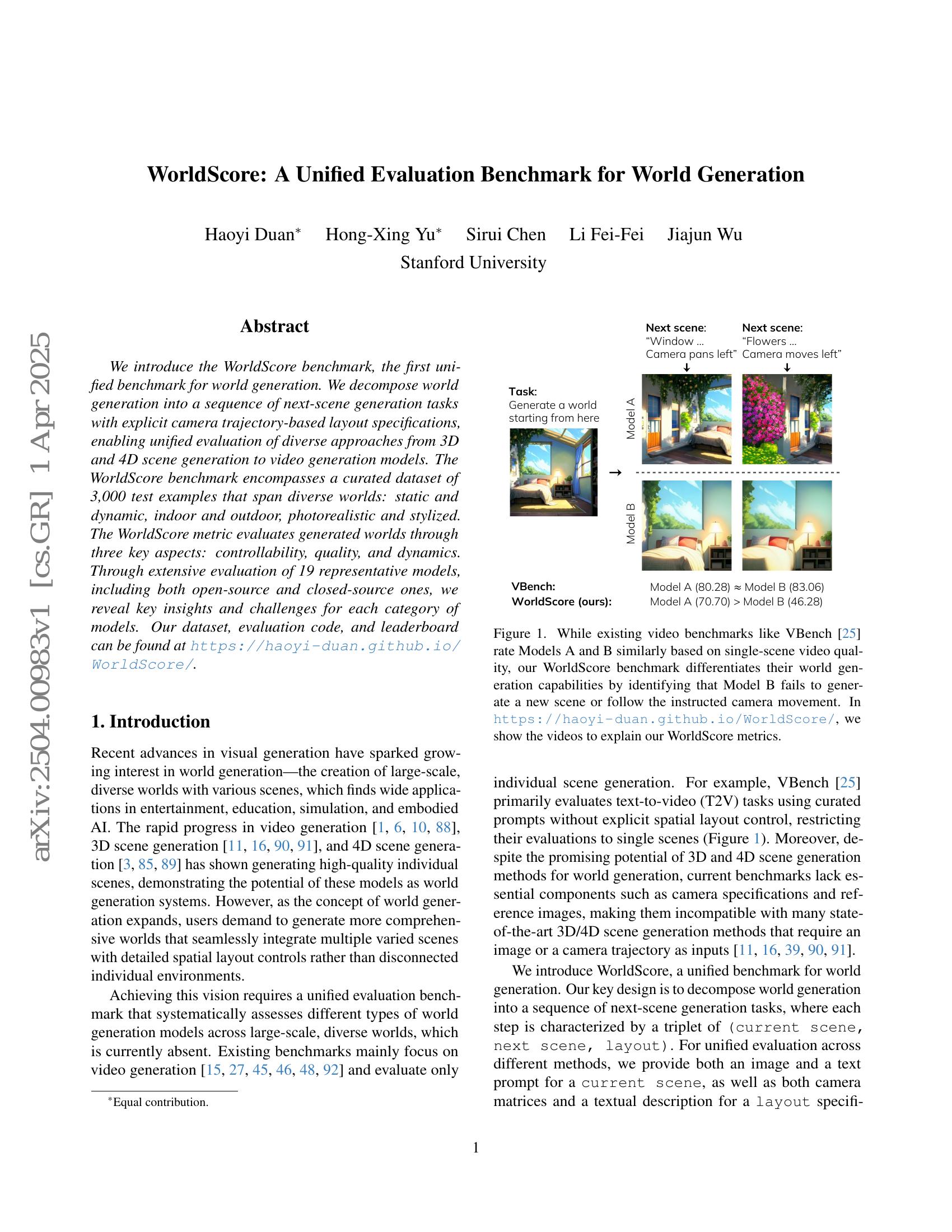WorldScore: A Unified Evaluation Benchmark for World Generation - 智源社区论文