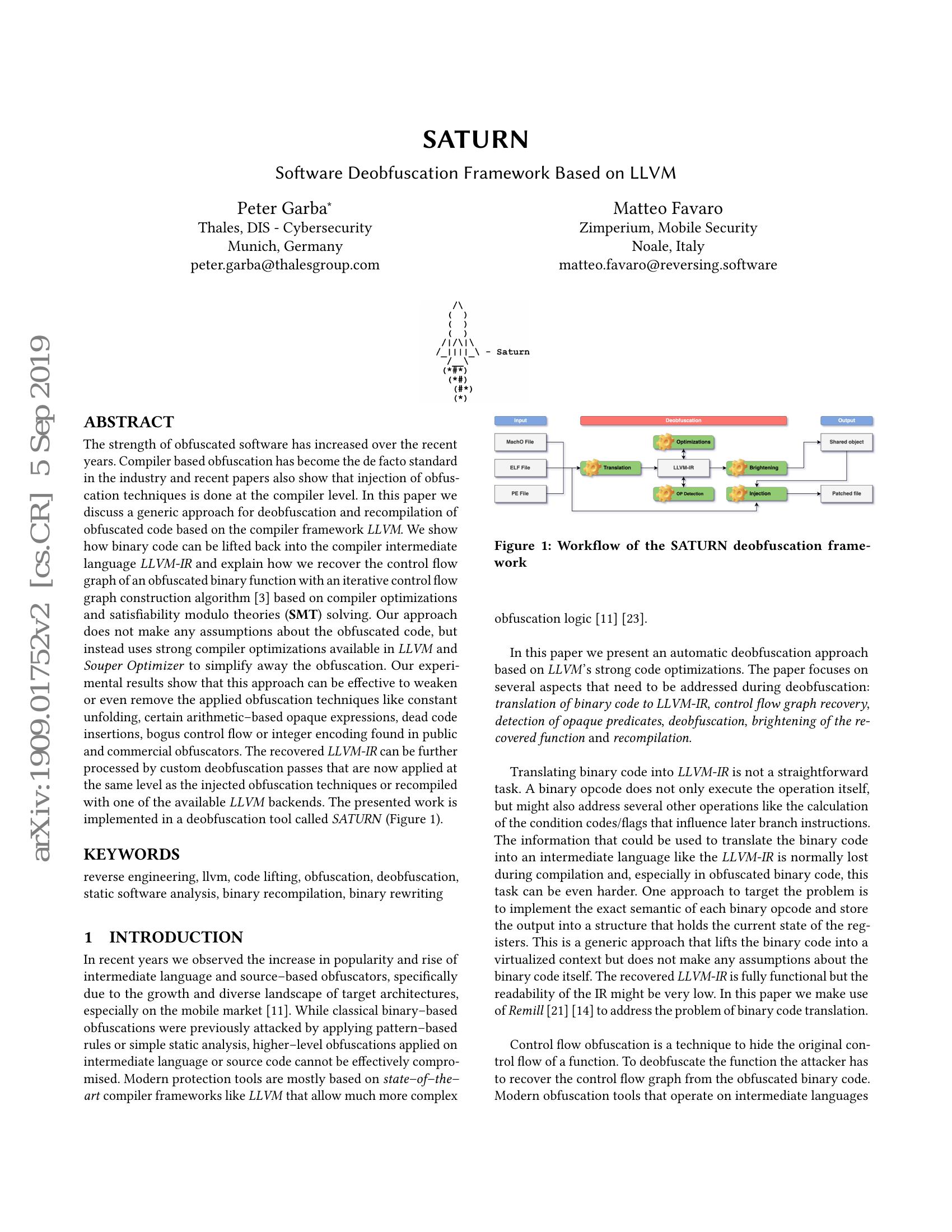SATURN -- Software Deobfuscation Framework Based on LLVM - 智源社区论文