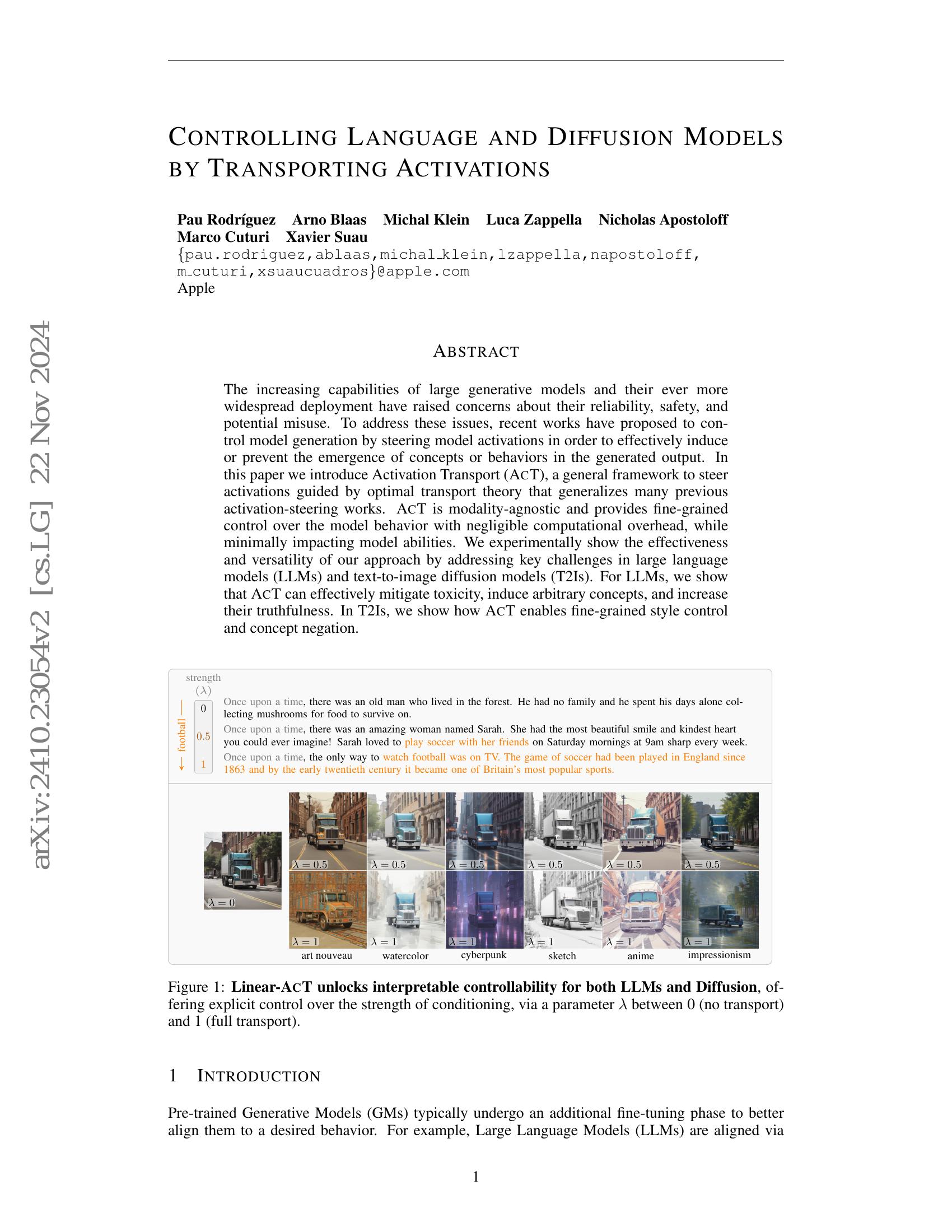 Controlling Language and Diffusion Models by Transporting Activations - 智源社区论文