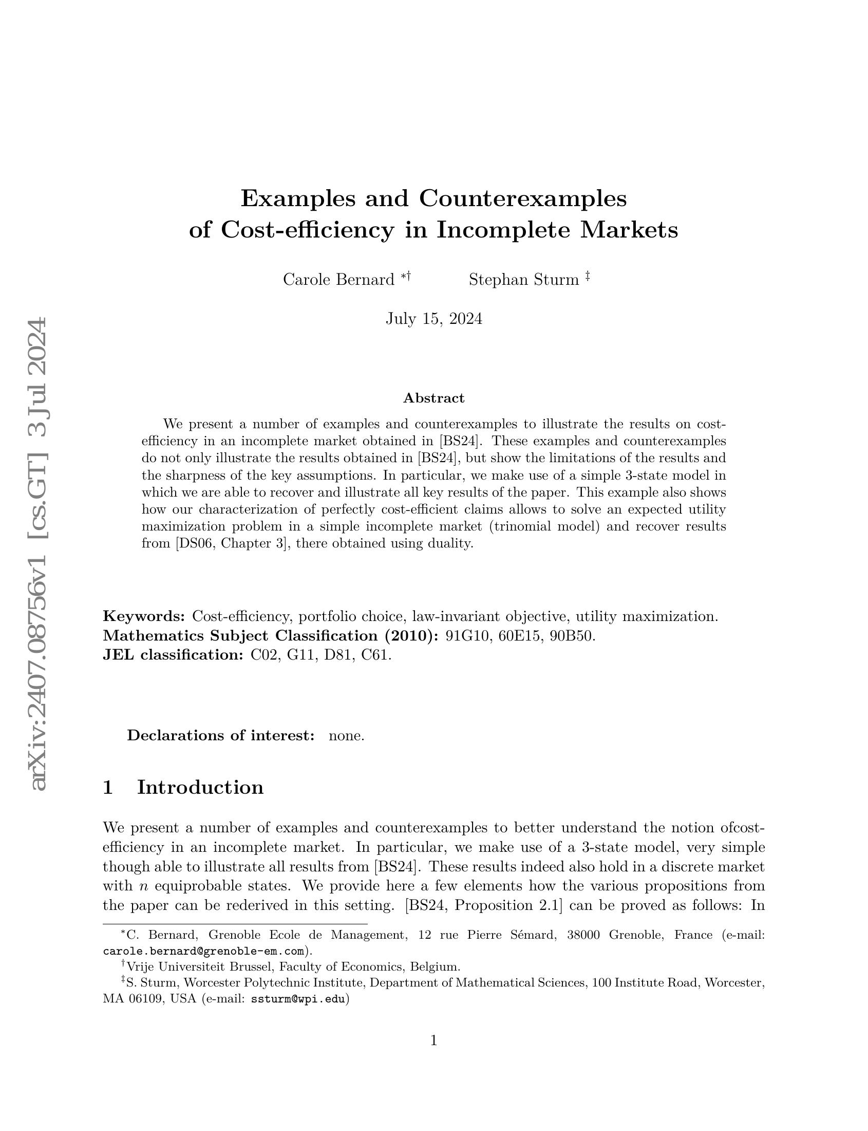 Examples and Counterexamples of Cost-efficiency in Incomplete Markets ...