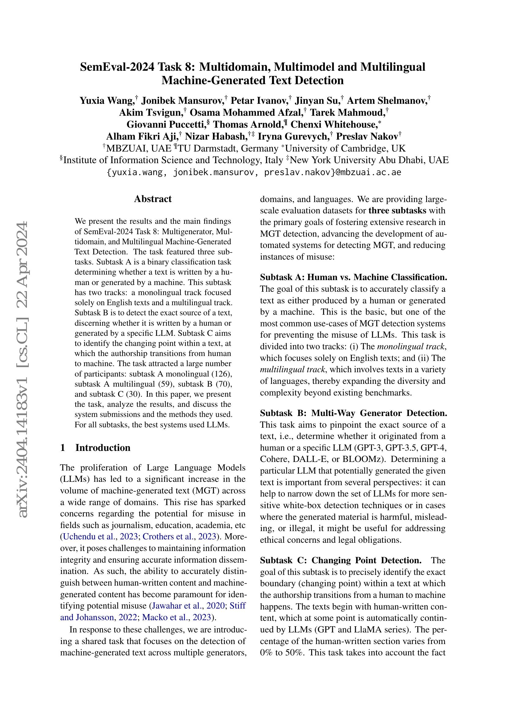 SemEval-2024 Task 8: Multidomain, Multimodel and Multilingual Machine-Generated Text Detection ...