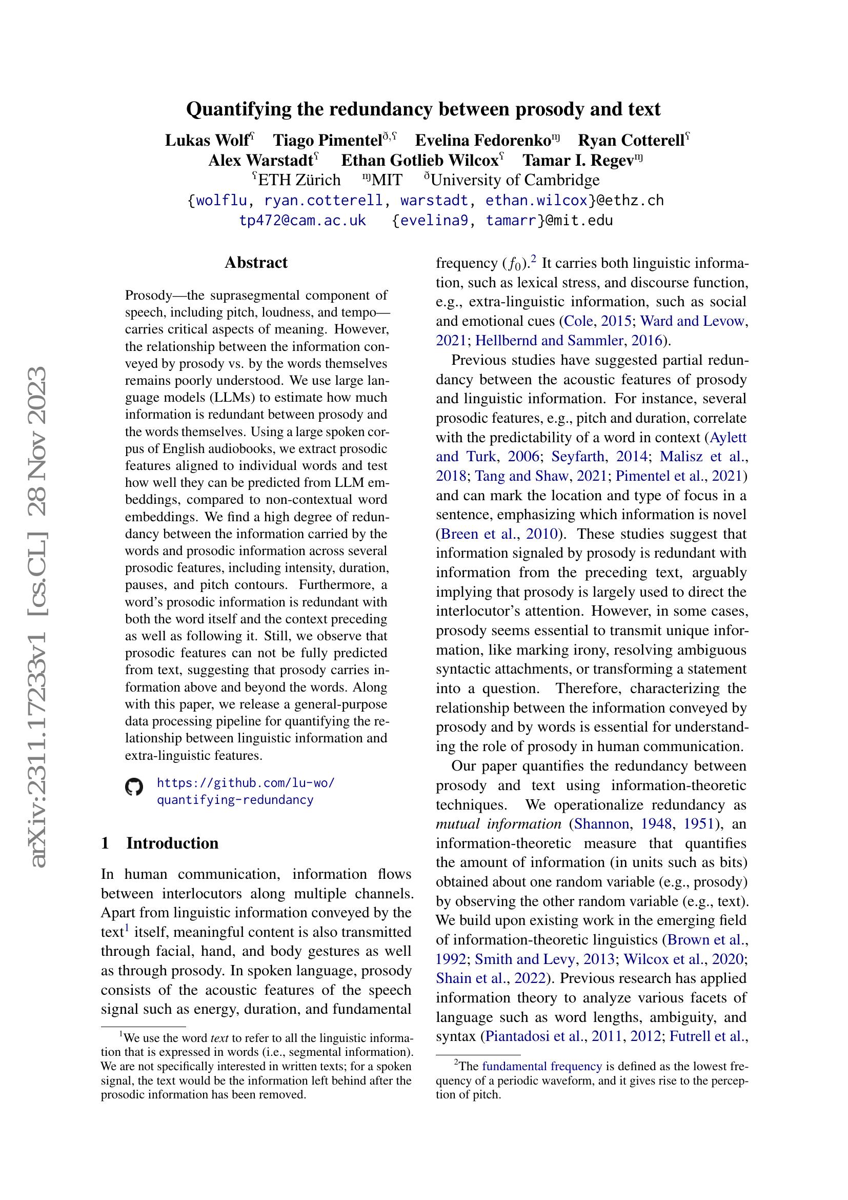 Quantifying the redundancy between prosody and text - 智源社区论文