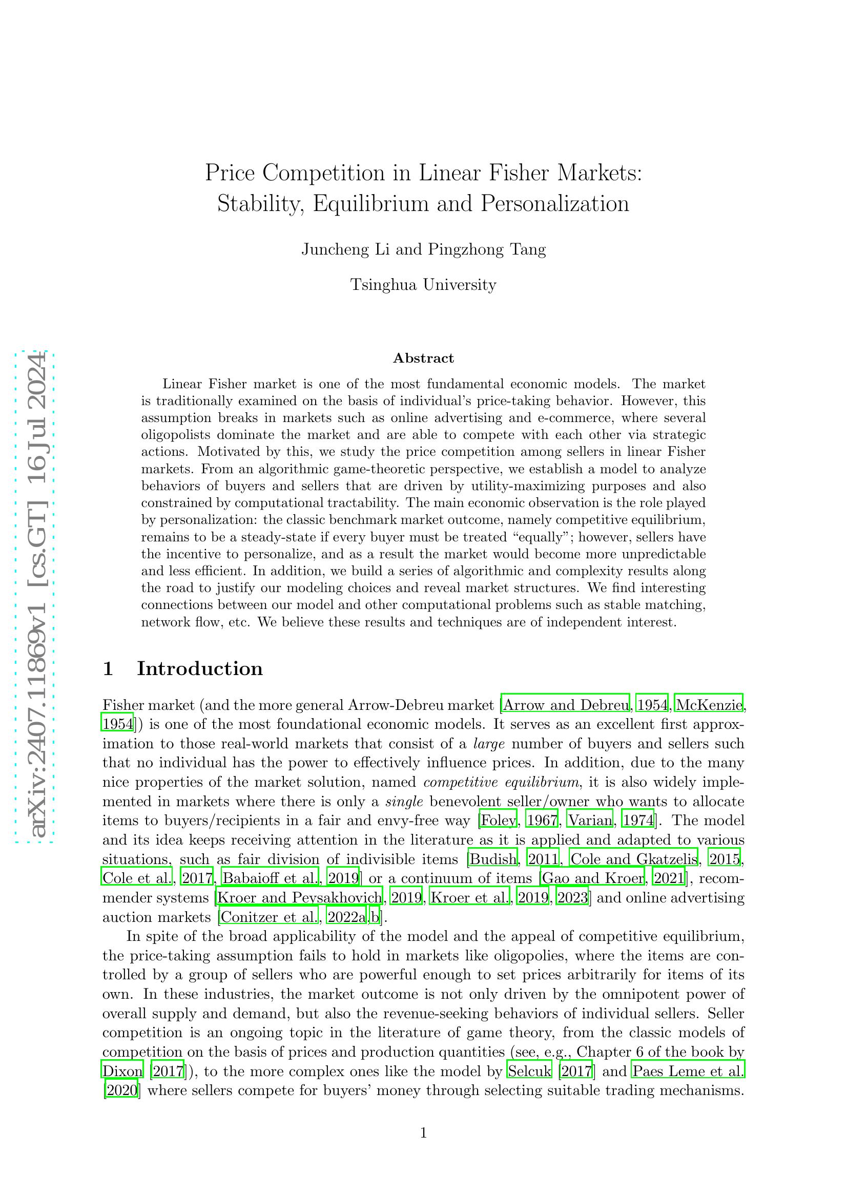 Price Competition in Linear Fisher Markets: Stability, Equilibrium and ...