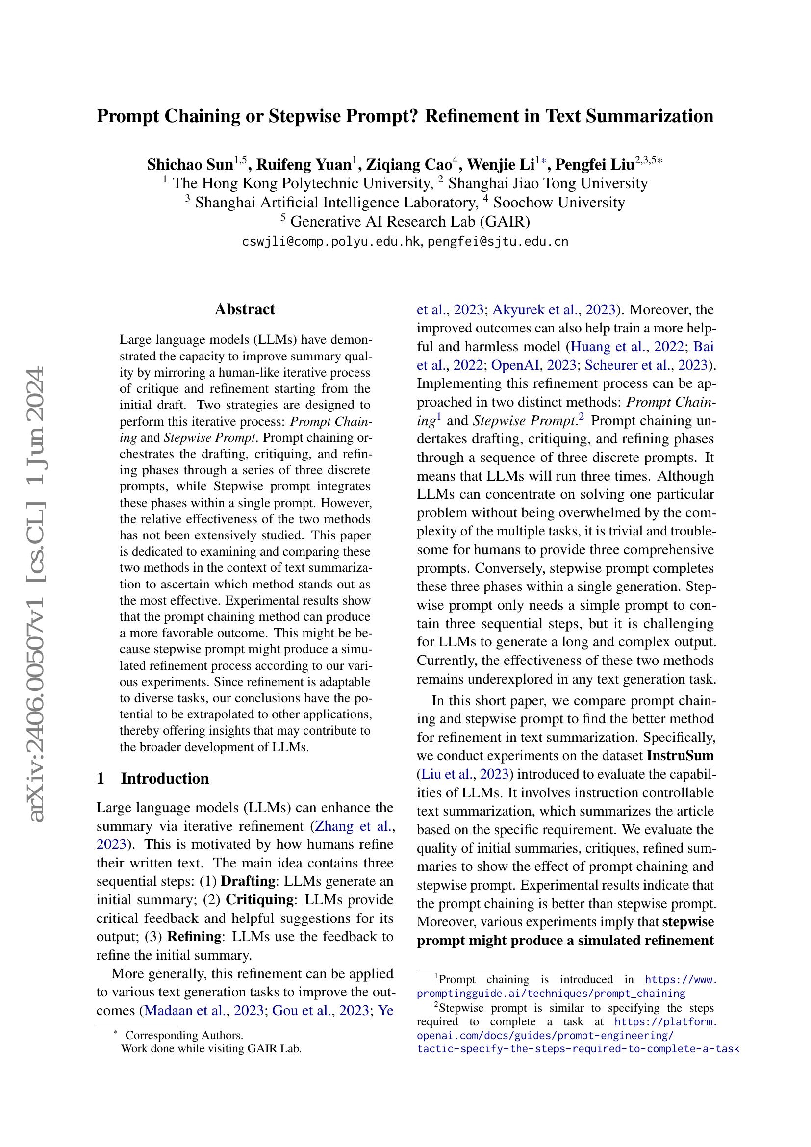 Prompt Chaining or Stepwise Prompt? Refinement in Text Summarization - 智源社区论文