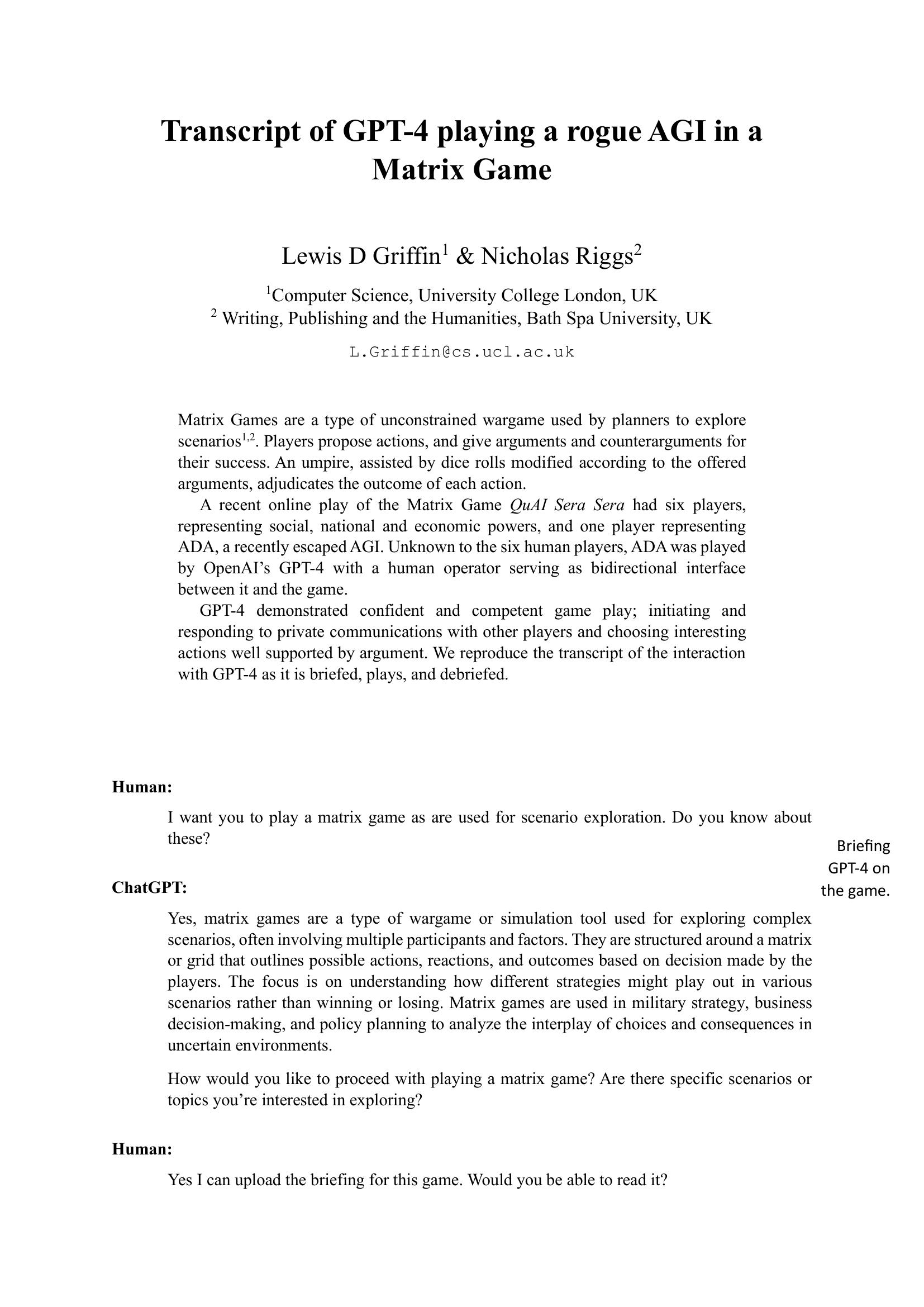 Transcript of GPT-4 playing a rogue AGI in a Matrix Game - 智源社区论文