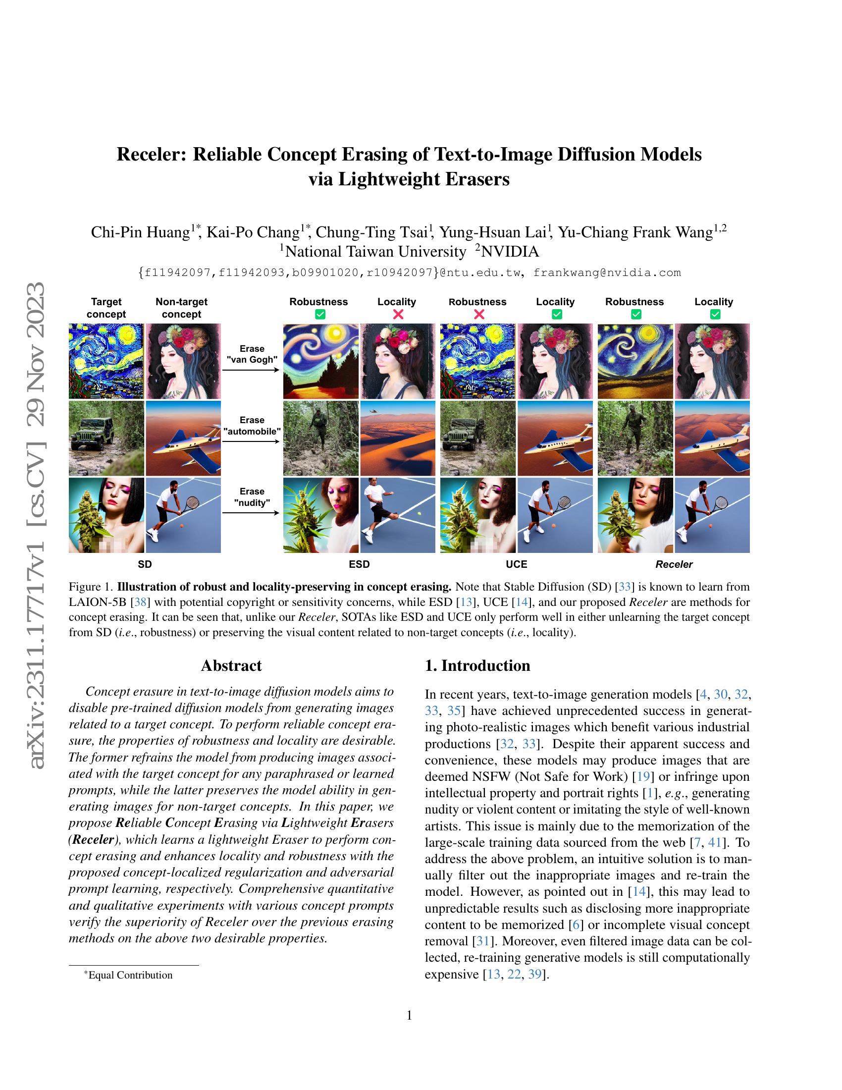 Receler: Reliable Concept Erasing of Text-to-Image Diffusion Models via Lightweight Erasers - 智源社区论文