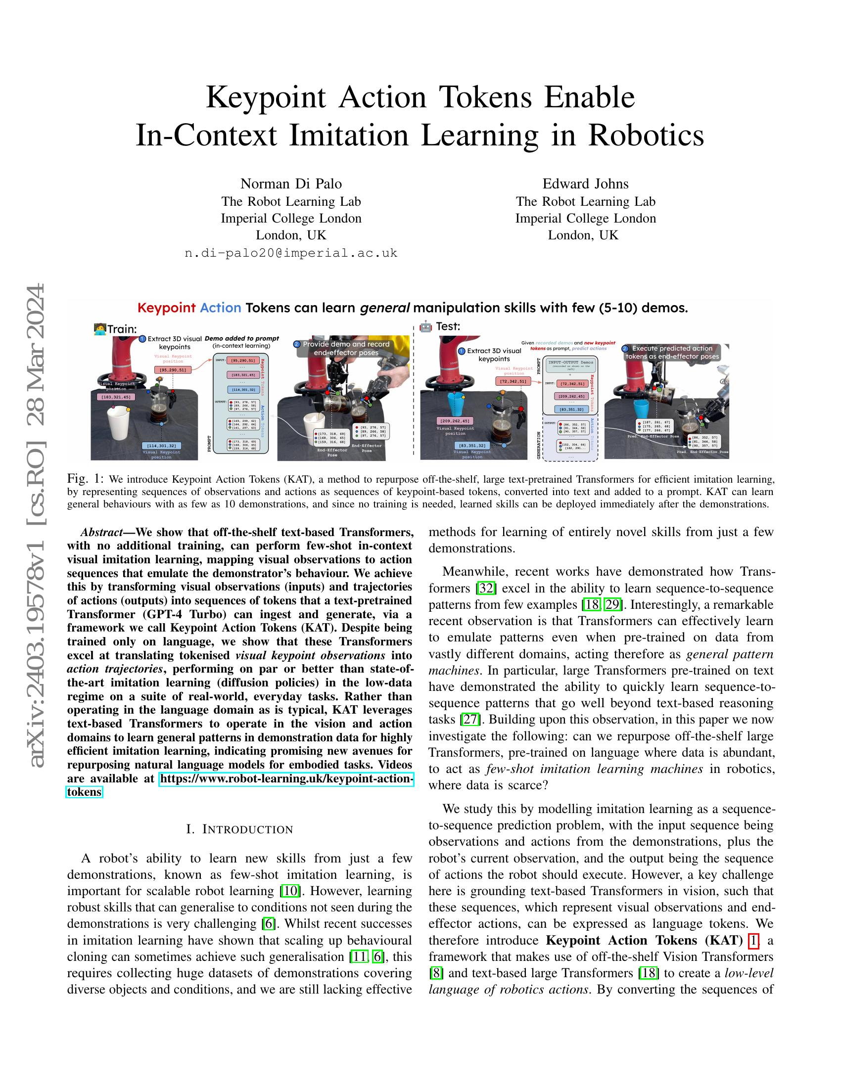 Keypoint Action Tokens Enable In-Context Imitation Learning in Robotics - 智源社区论文