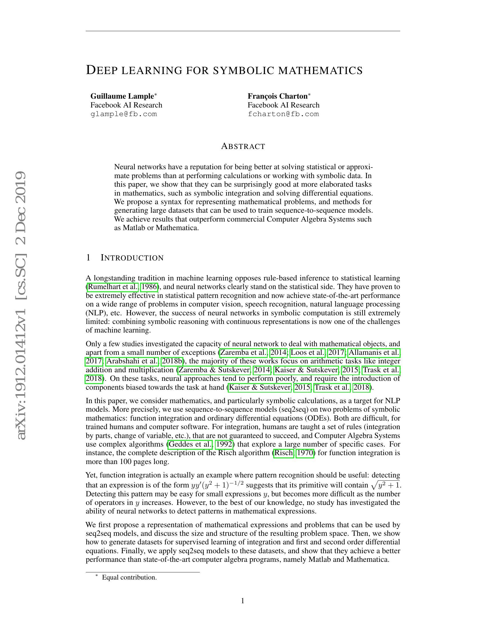 Deep Learning for Symbolic Mathematics - 智源社区论文