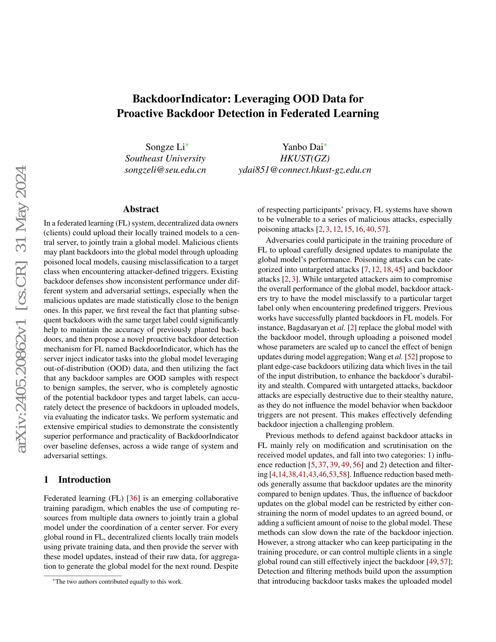 BackdoorIndicator: Leveraging OOD Data for Proactive Backdoor Detection in Federated Learning ...