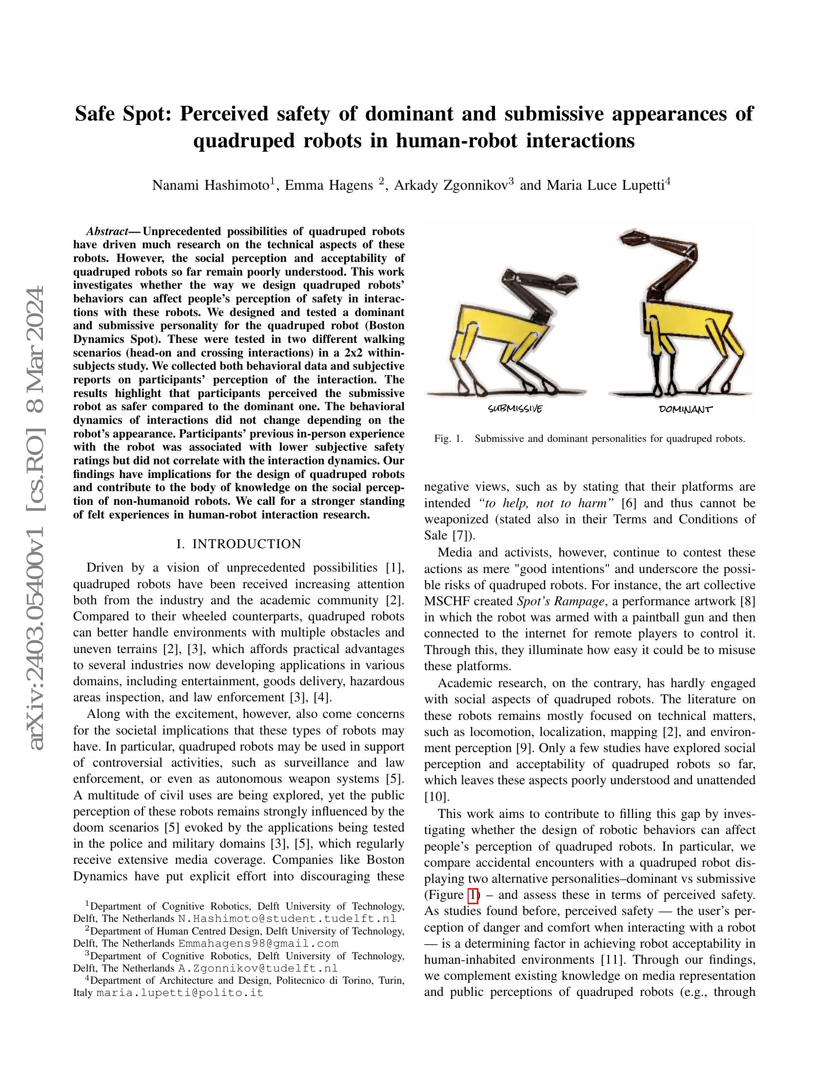 Safe Spot: Perceived safety of dominant and submissive appearances of ...
