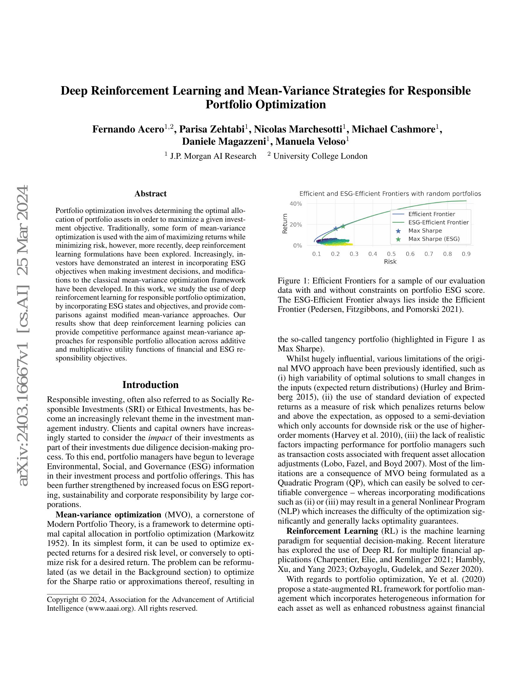 Deep Reinforcement Learning and Mean-Variance Strategies for Responsible Portfolio Optimization ...