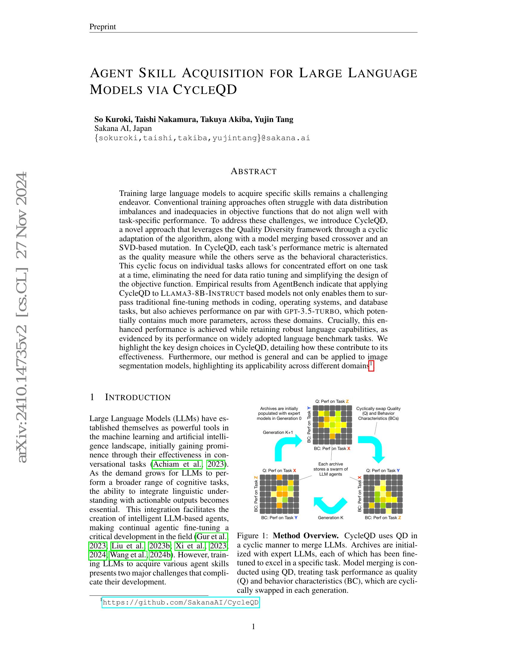 Agent Skill Acquisition for Large Language Models via CycleQD - 智源社区论文