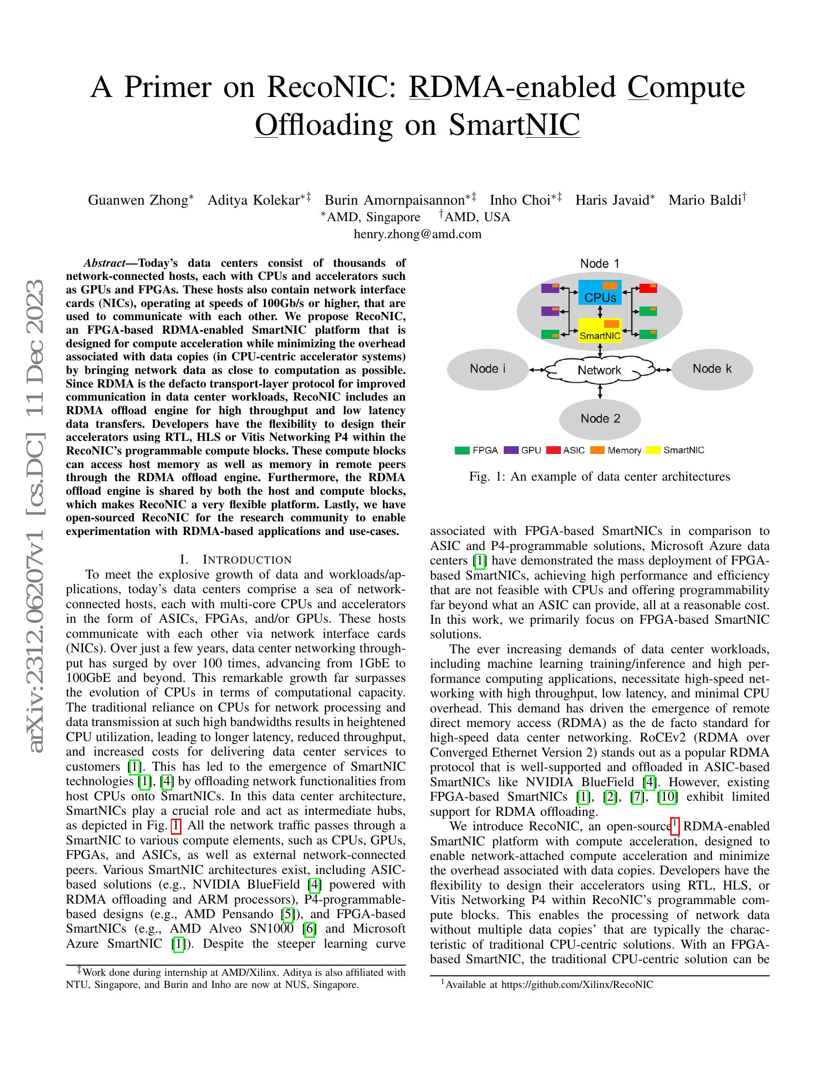 A Primer on RecoNIC: RDMA-enabled Compute Offloading on SmartNIC - 智源社区论文