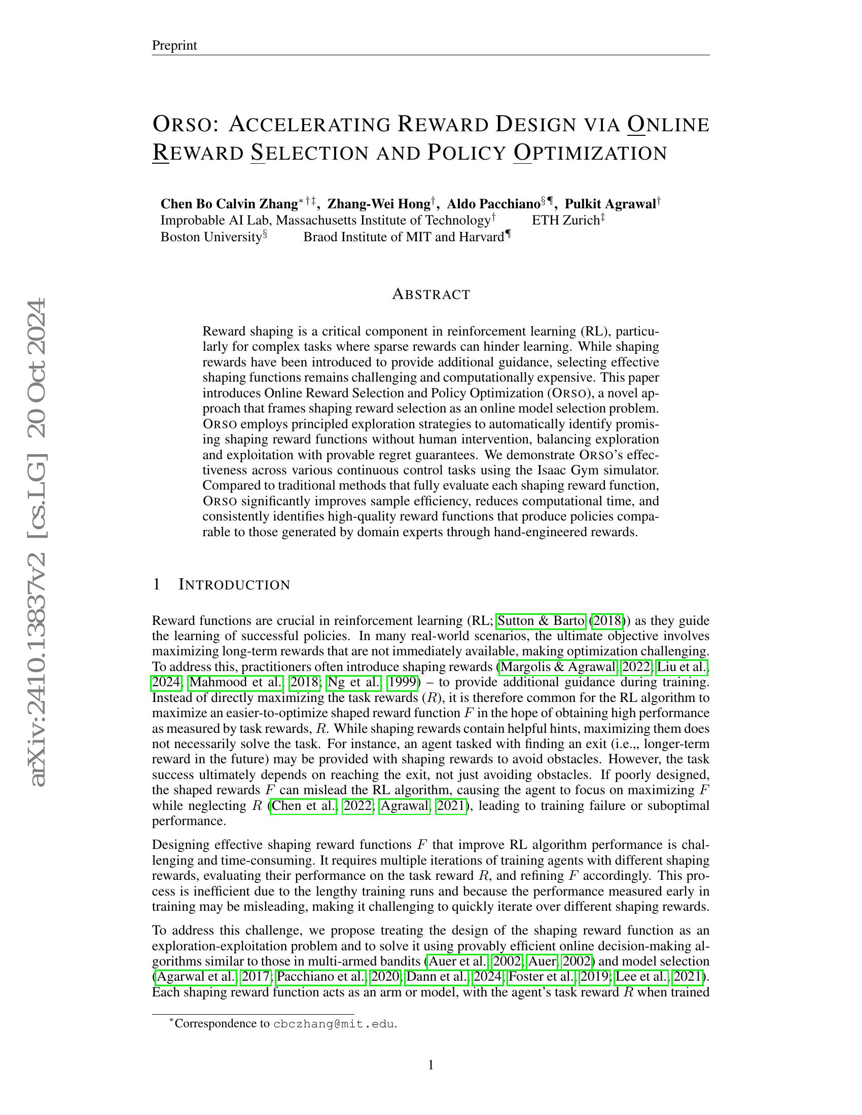 ORSO: Accelerating Reward Design via Online Reward Selection and Policy ...