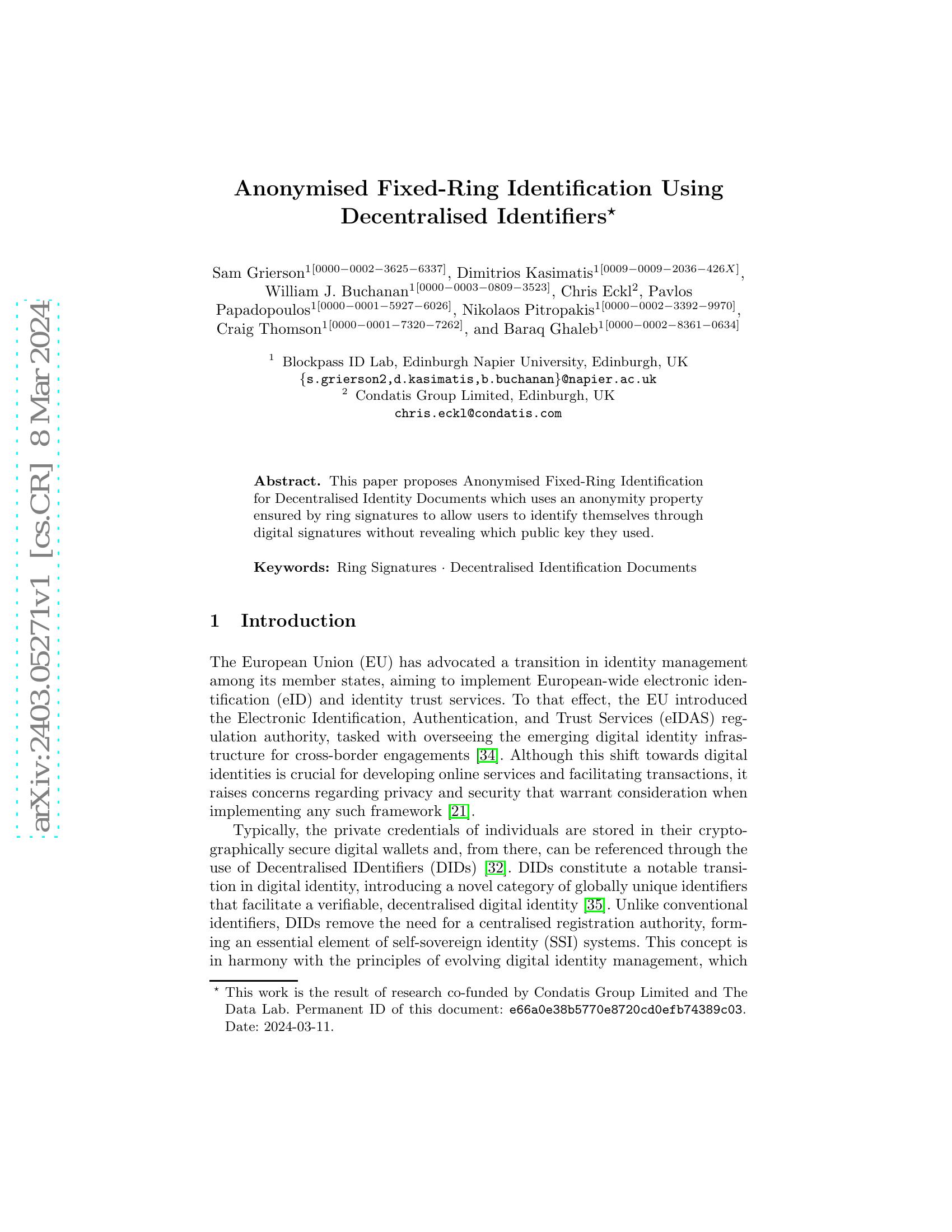 Anonymised Fixed-Ring Identification Using Decentralised Identifiers ...