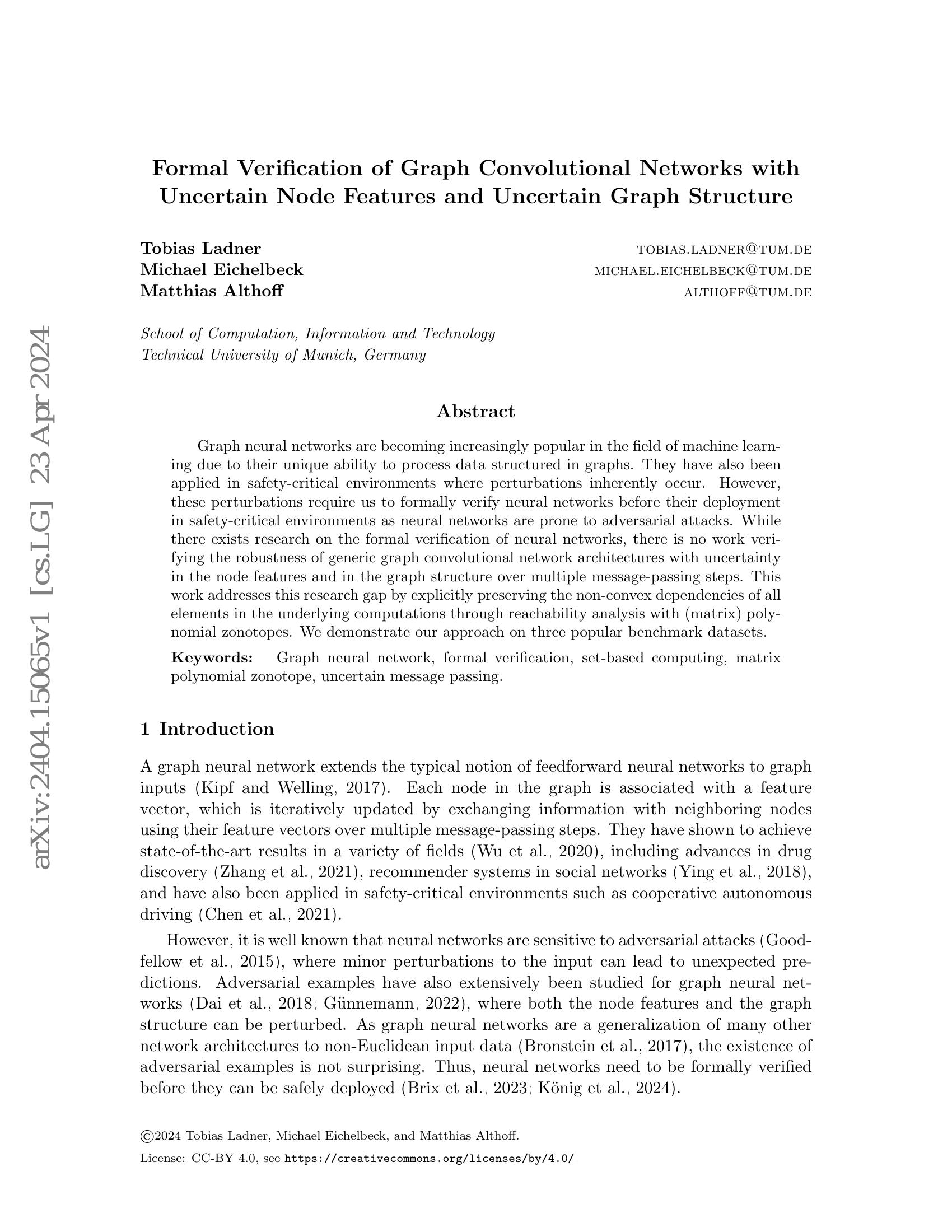 Formal Verification of Graph Convolutional Networks with Uncertain Node Features and Uncertain ...