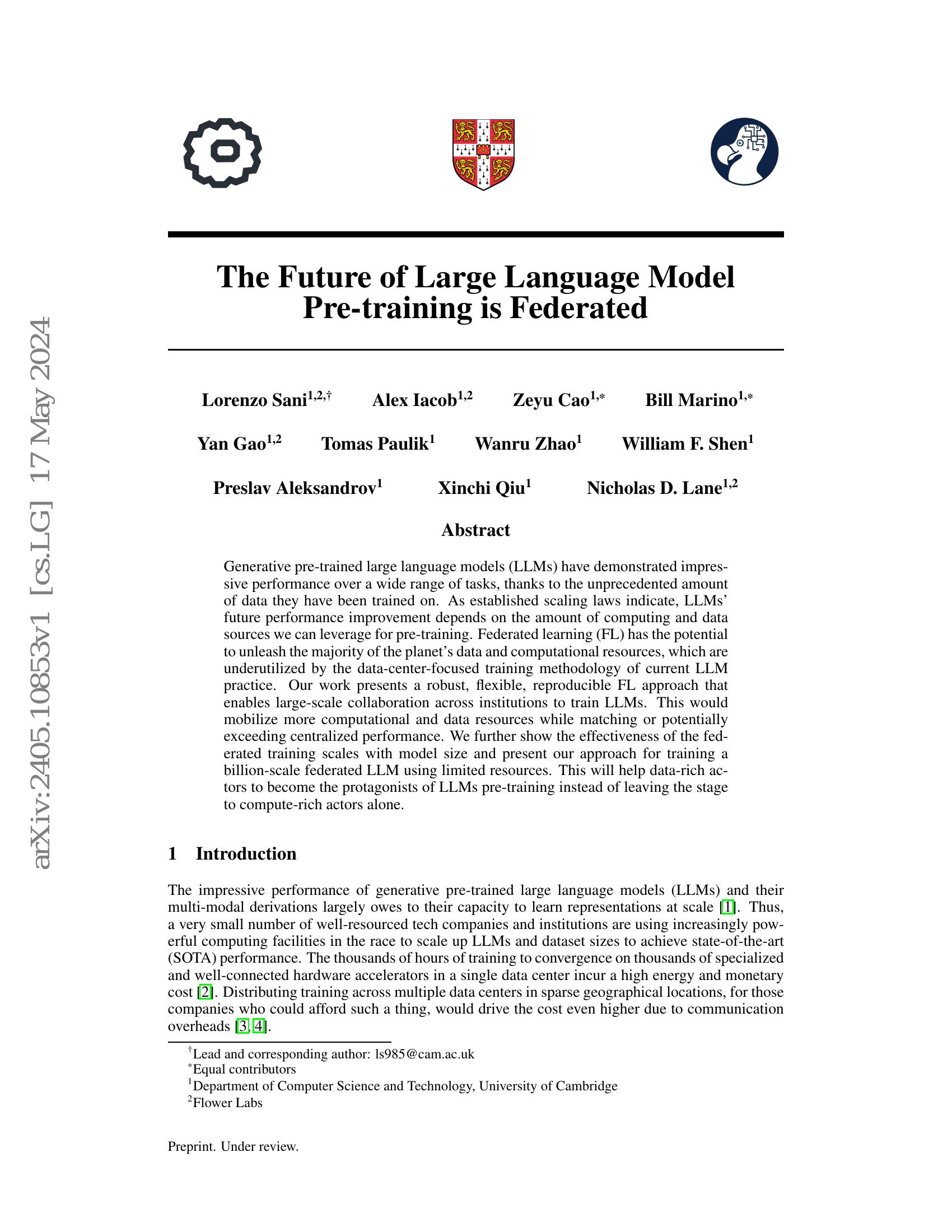 The Future of Large Language Model Pre-training is Federated - 智源社区论文