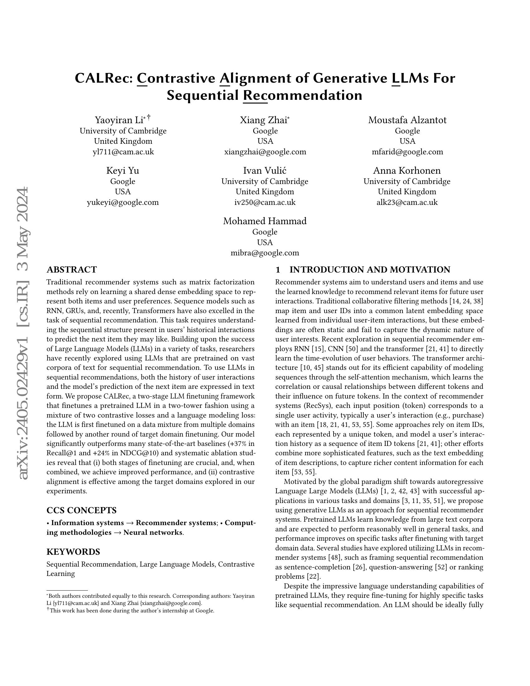 CALRec: Contrastive Alignment of Generative LLMs For Sequential ...
