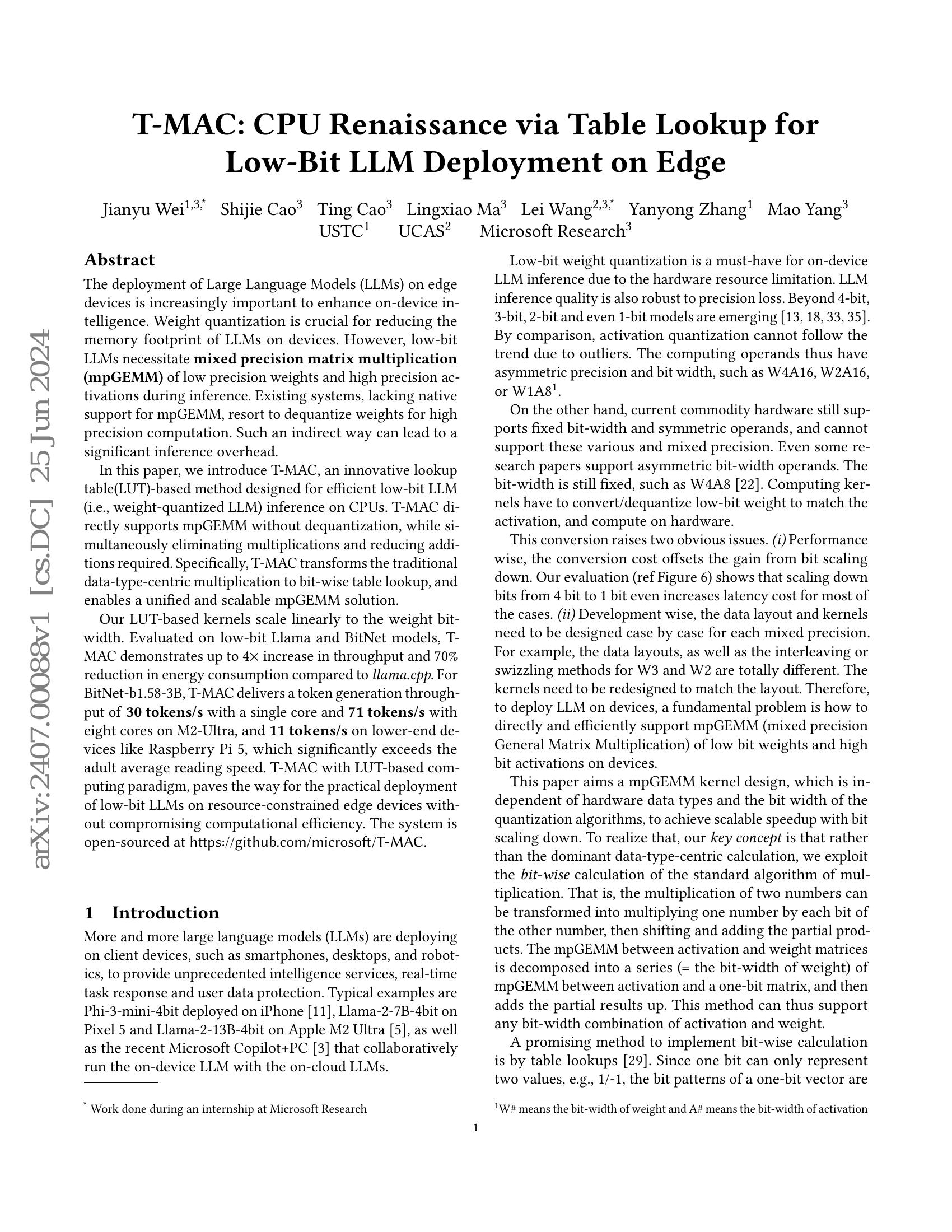 T-MAC: CPU Renaissance via Table Lookup for Low-Bit LLM Deployment on Edge - 智源社区论文