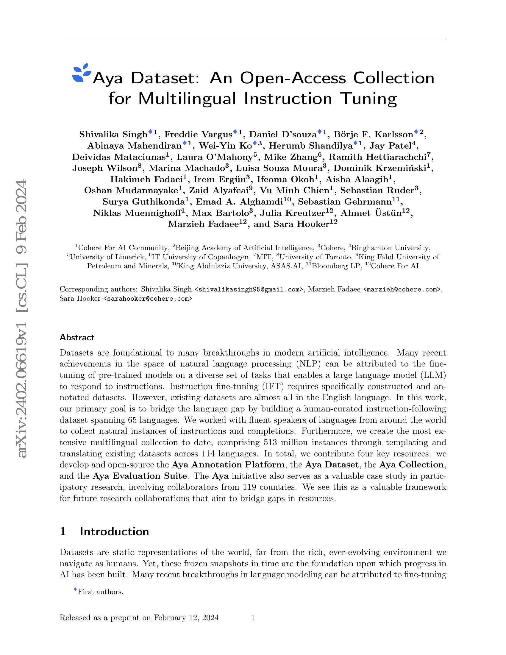Aya Dataset: An Open-Access Collection for Multilingual Instruction Tuning - 智源社区论文