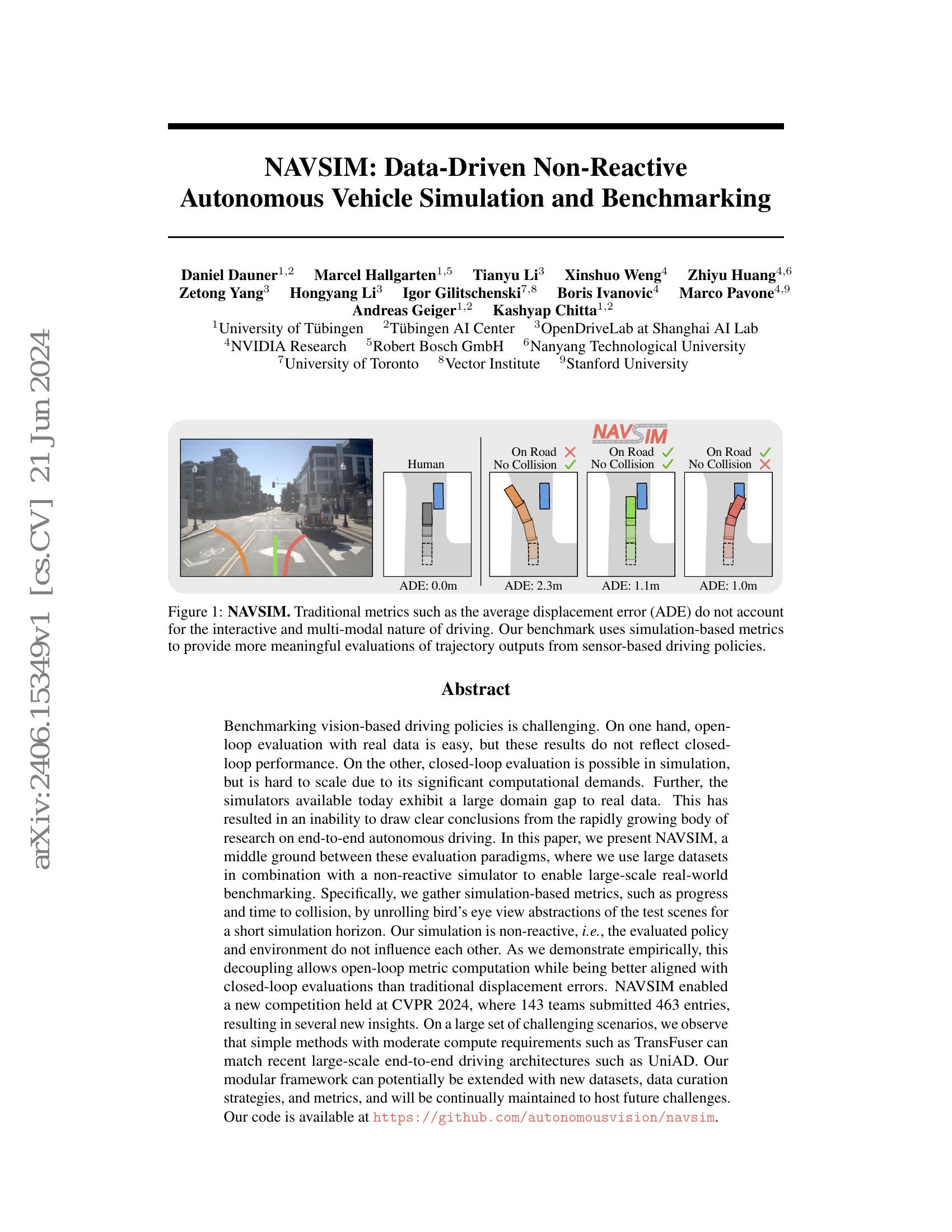 NAVSIM: Data-Driven Non-Reactive Autonomous Vehicle Simulation and Benchmarking - 智源社区论文