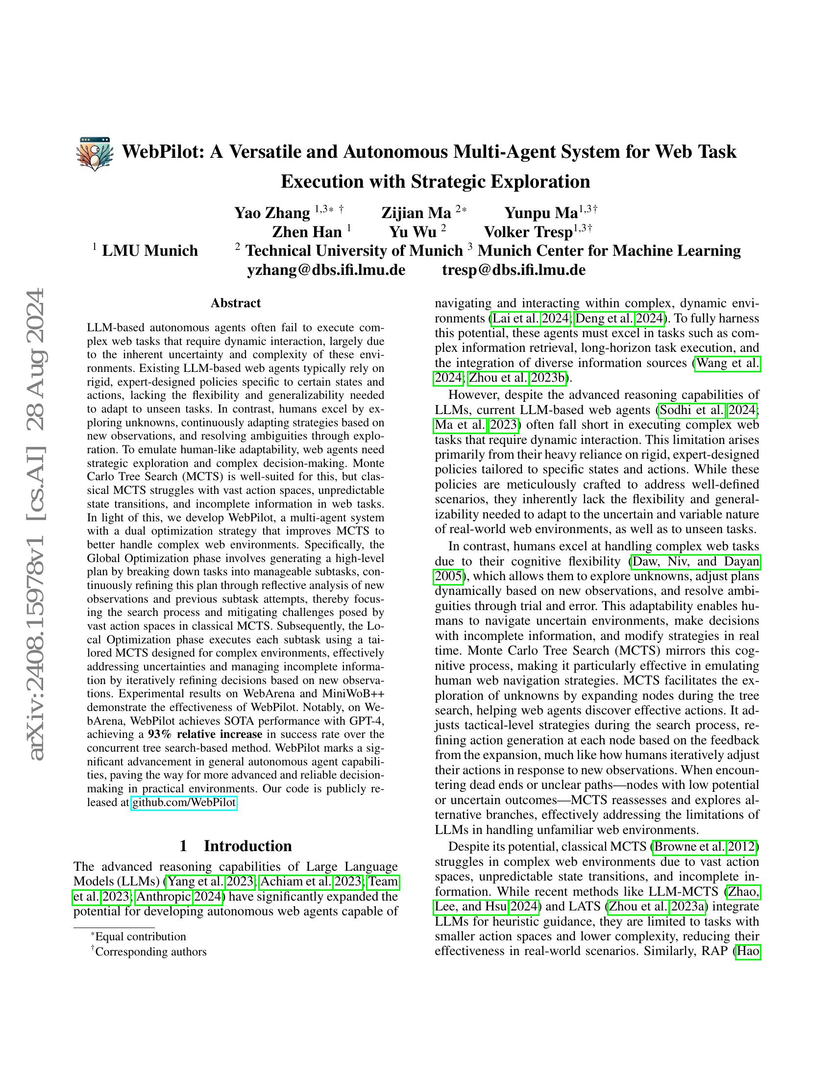 WebPilot: A Versatile and Autonomous Multi-Agent System for Web Task ...