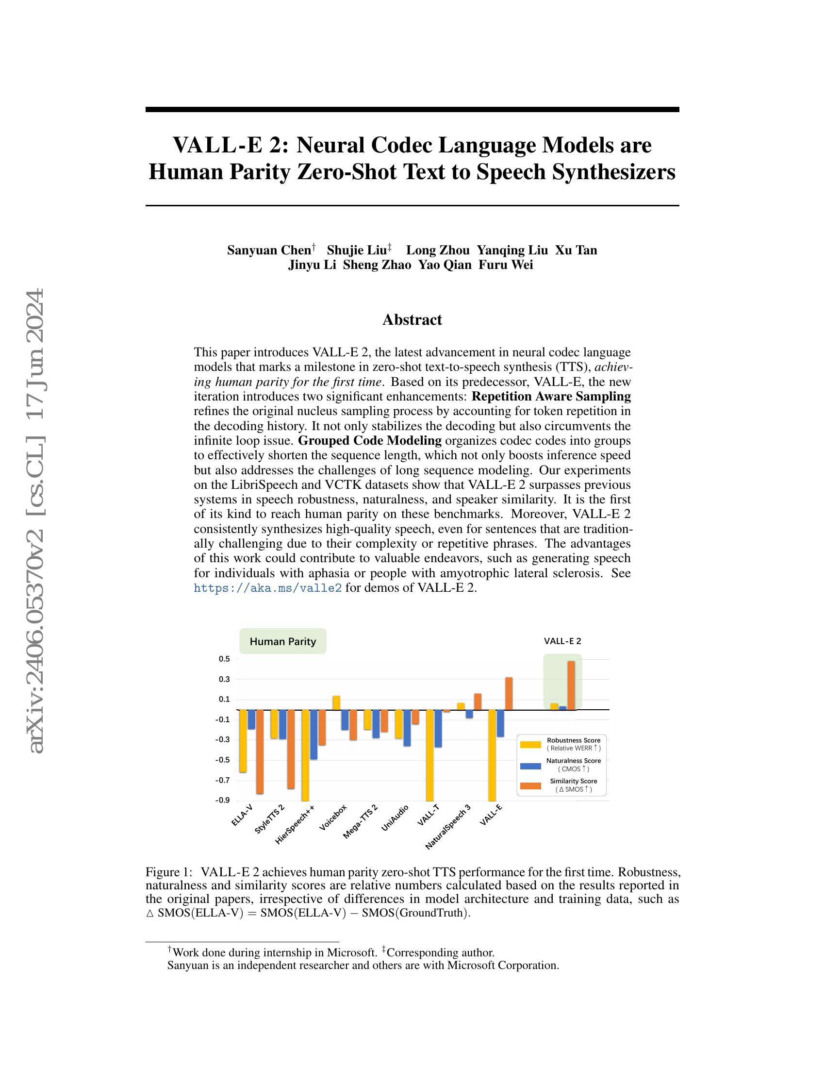 VALL-E 2: Neural Codec Language Models are Human Parity Zero-Shot Text to Speech Synthesizers ...