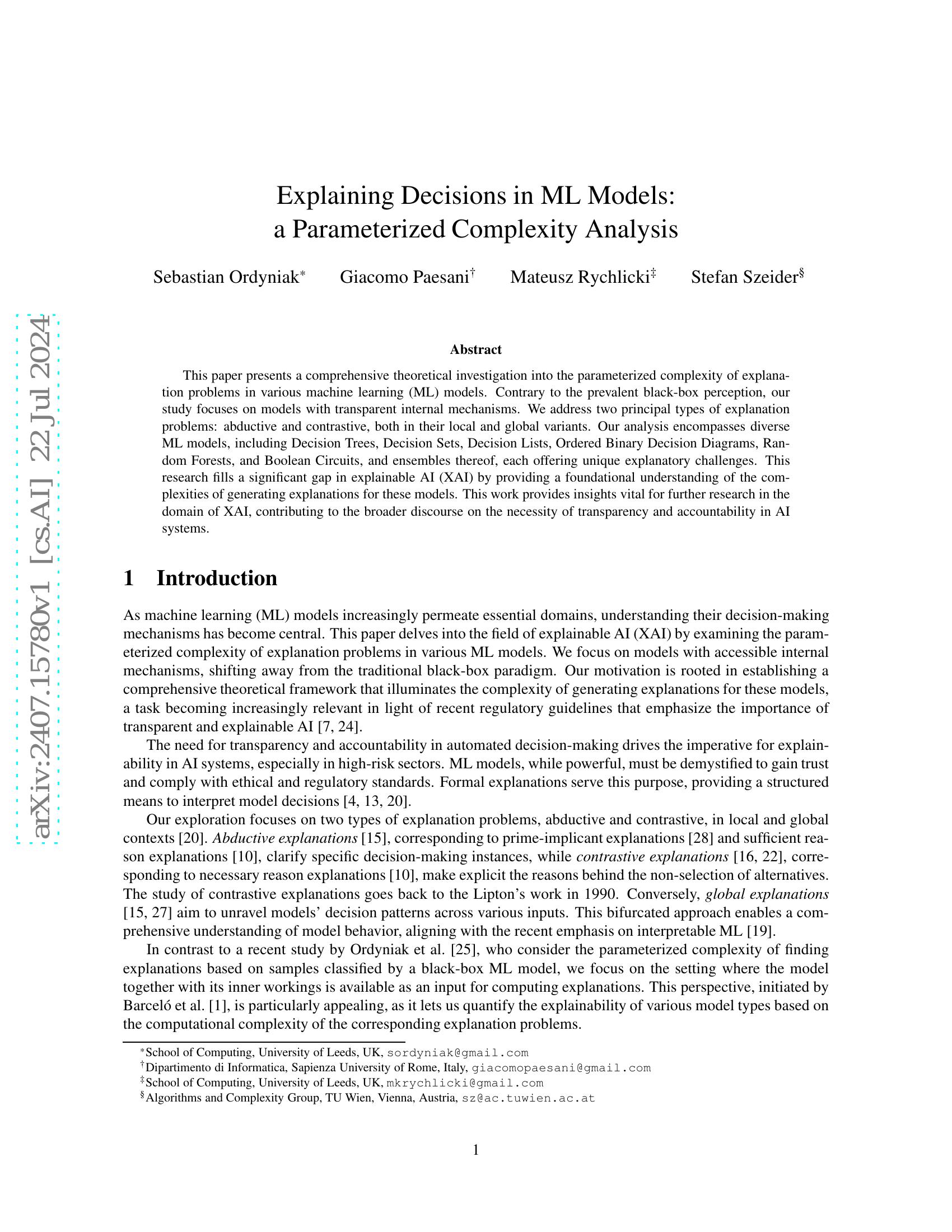Explaining Decisions in ML Models: a Parameterized Complexity Analysis - 智源社区论文