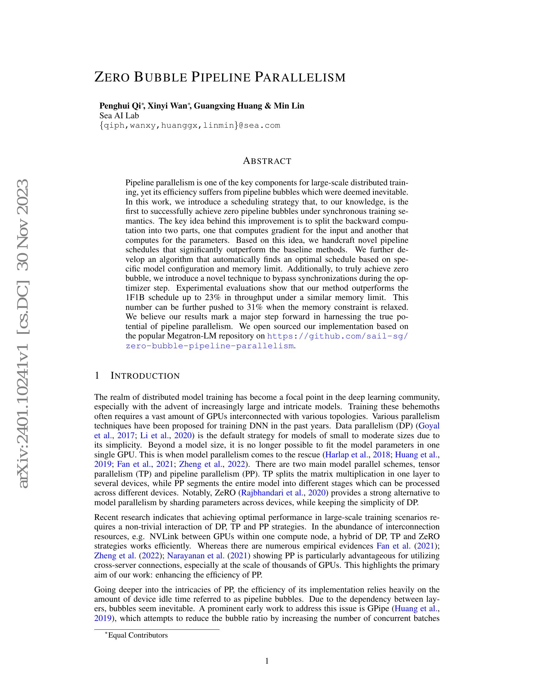 Zero Bubble Pipeline Parallelism - 智源社区论文