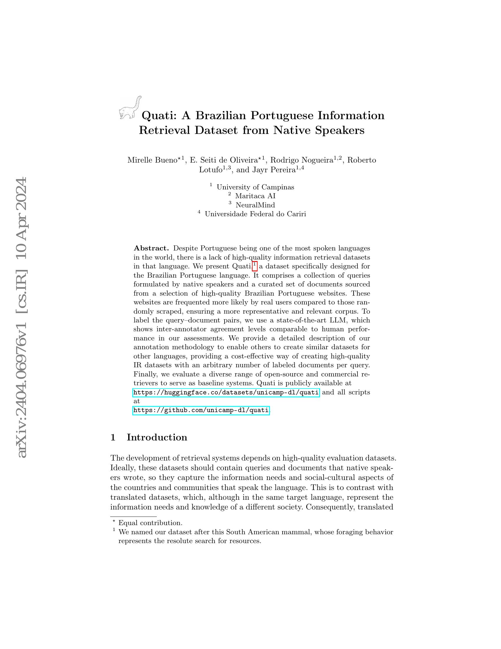 Quati: A Brazilian Portuguese Information Retrieval Dataset from Native ...