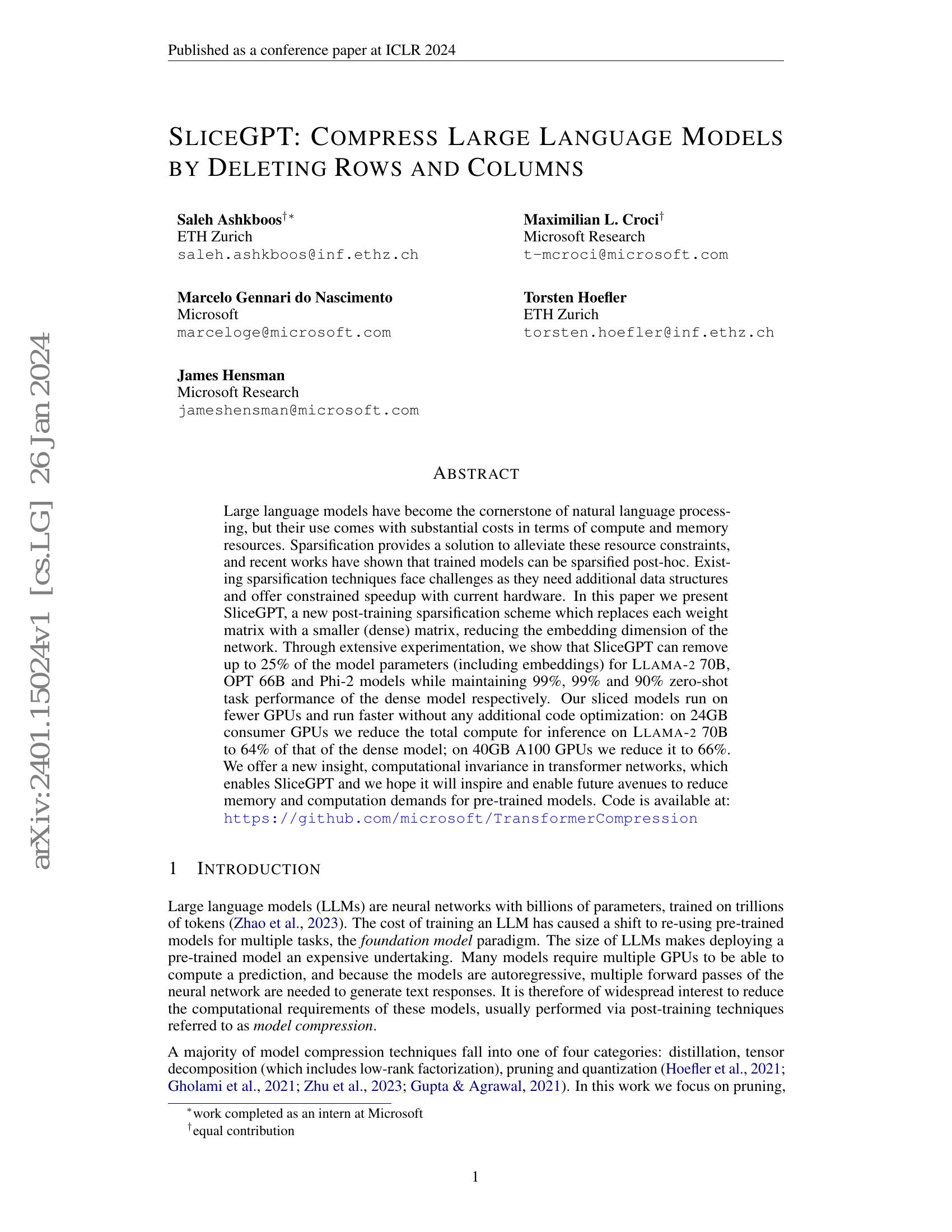 SliceGPT: Compress Large Language Models by Deleting Rows and Columns - 智源社区论文