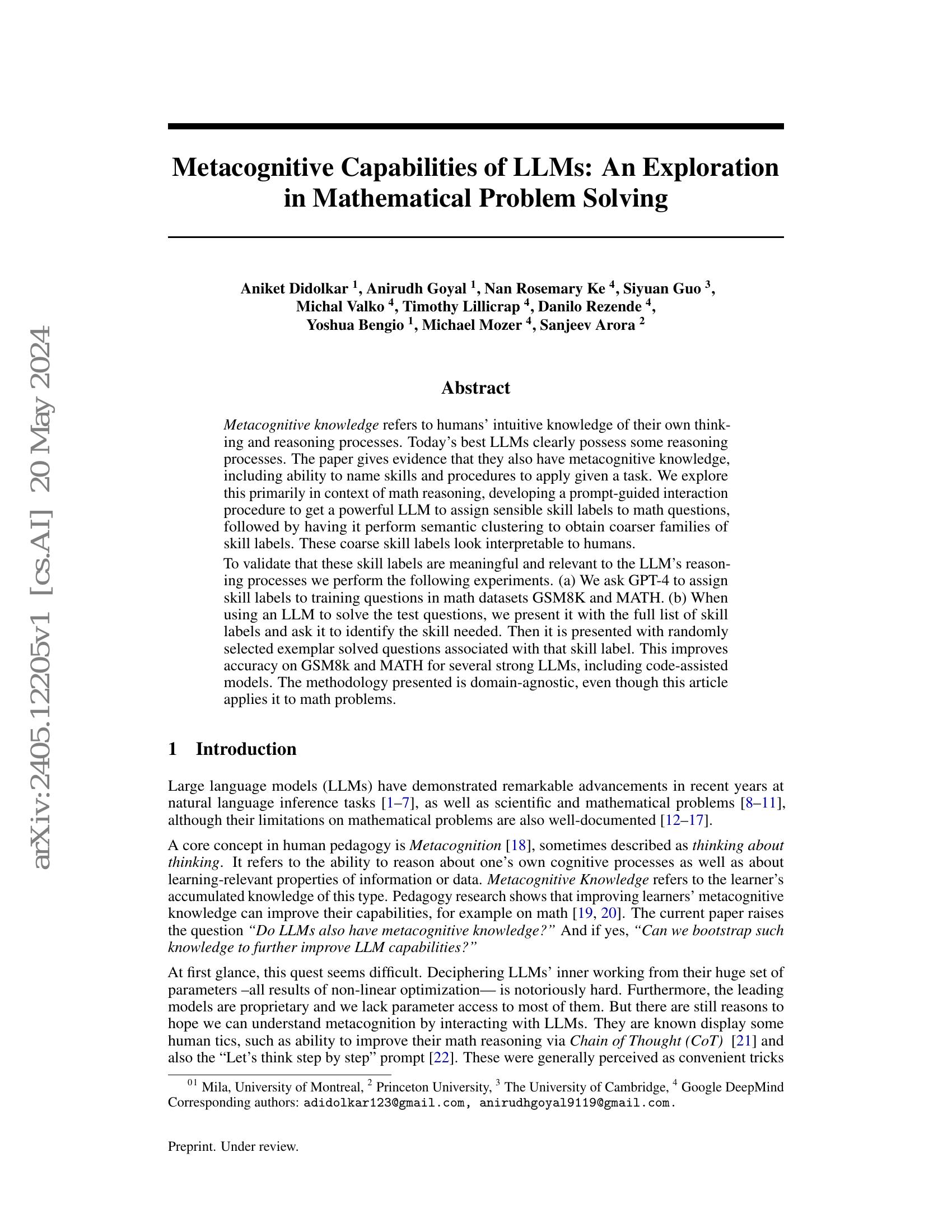 Metacognitive Capabilities of LLMs: An Exploration in Mathematical ...