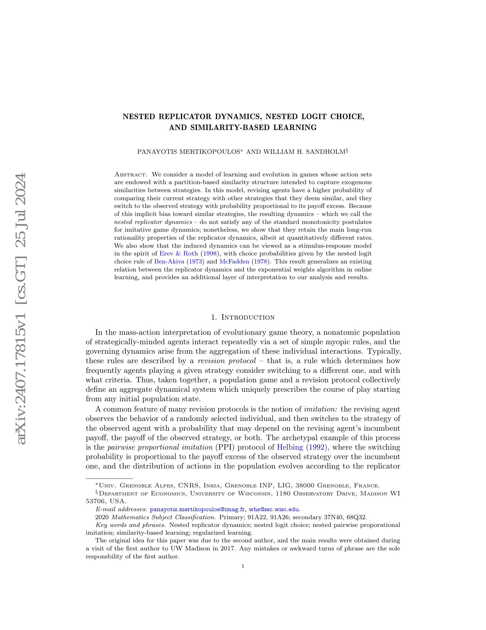 Nested replicator dynamics, nested logit choice, and similarity-based learning - 智源社区论文