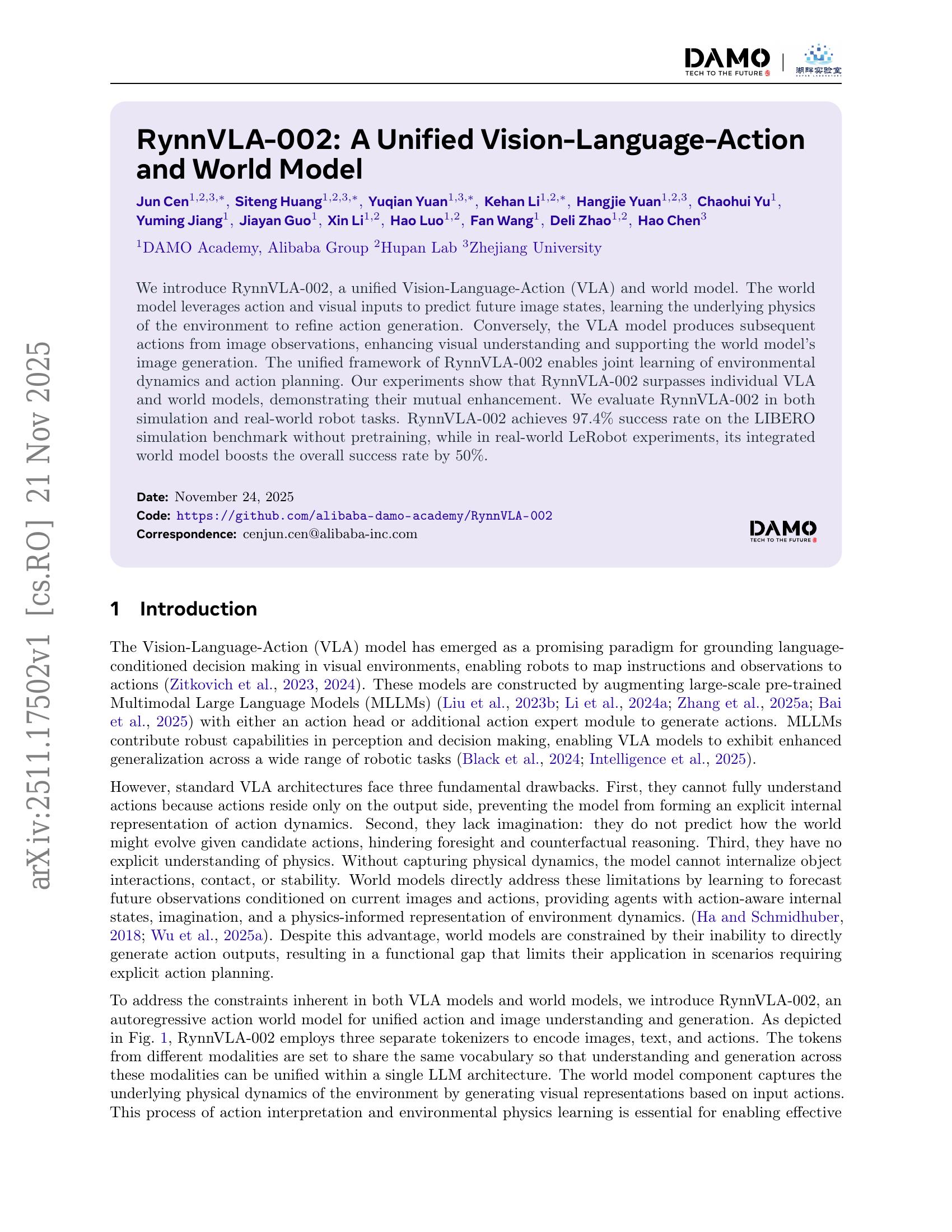 RynnVLA-002: A Unified Vision-Language-Action and World Model - 智源社区论文