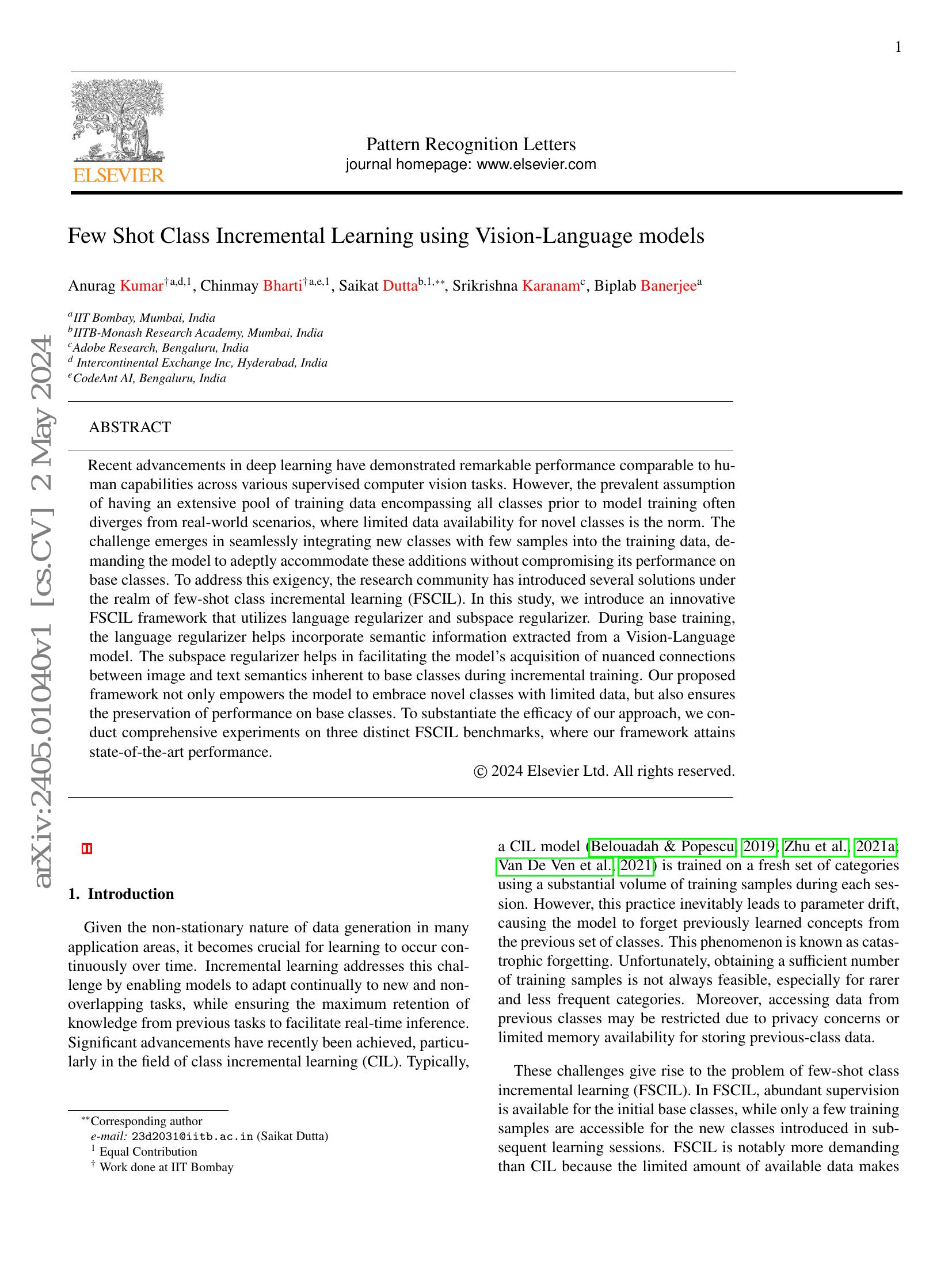 Few Shot Class Incremental Learning using Vision-Language models - 智源社区论文