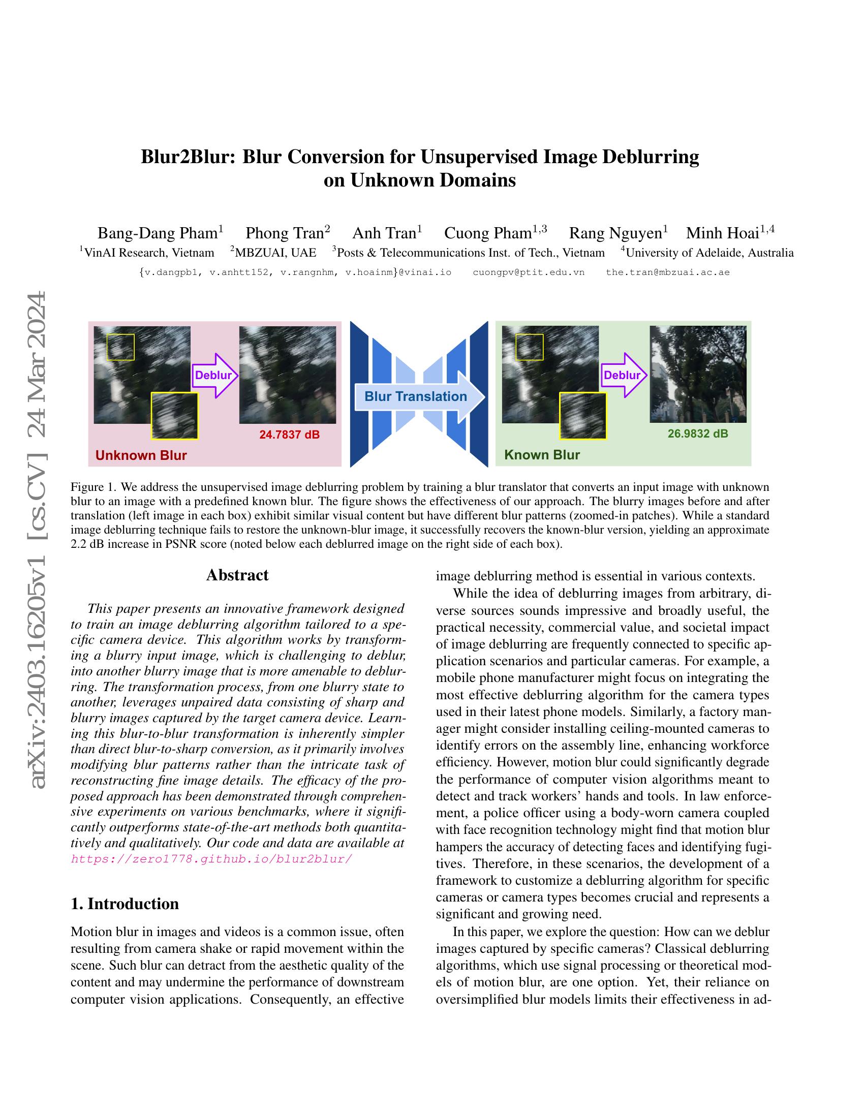 Blur2Blur: Blur Conversion for Unsupervised Image Deblurring on Unknown Domains - 智源社区论文