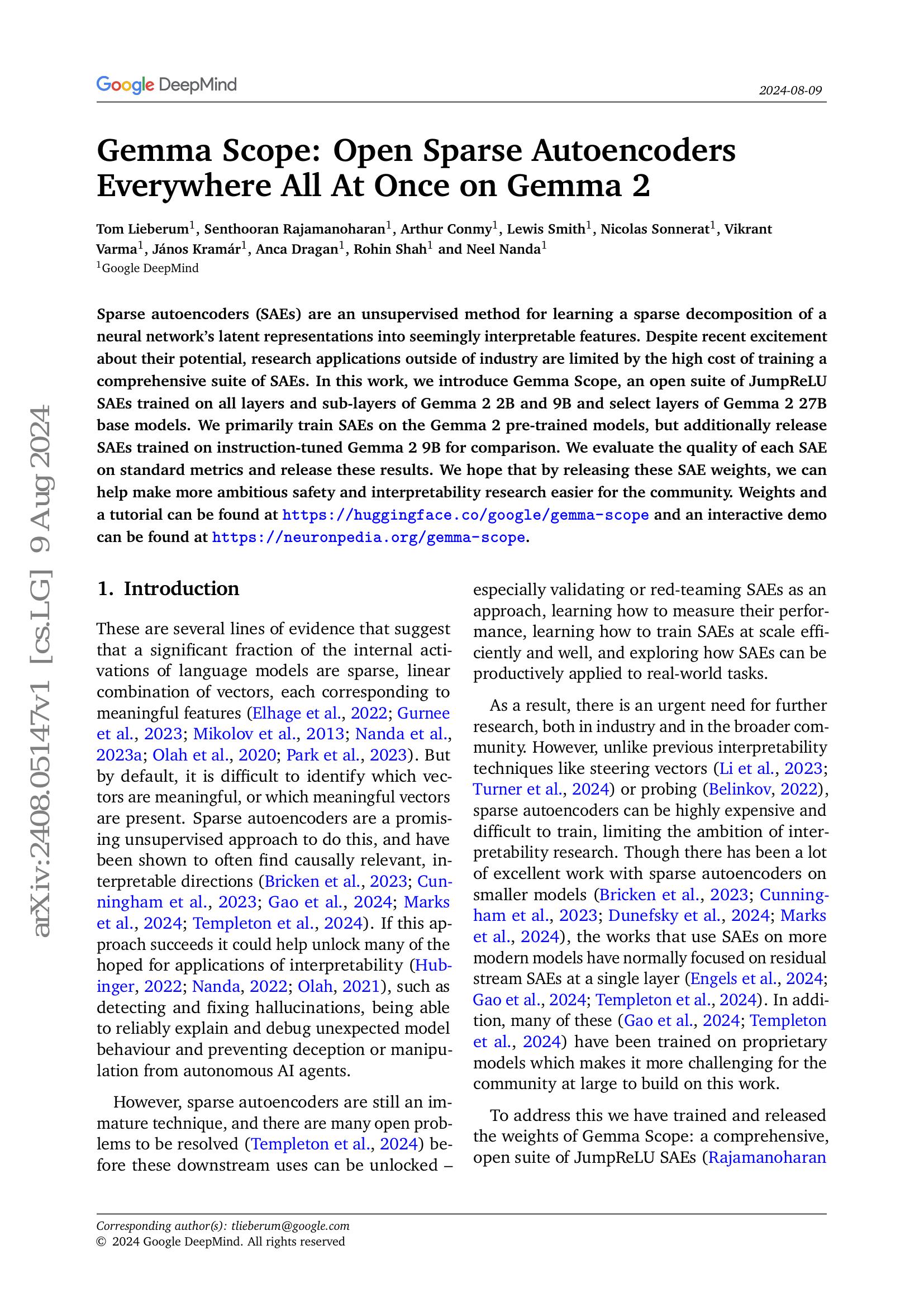 Gemma Scope: Open Sparse Autoencoders Everywhere All At Once on Gemma 2 ...