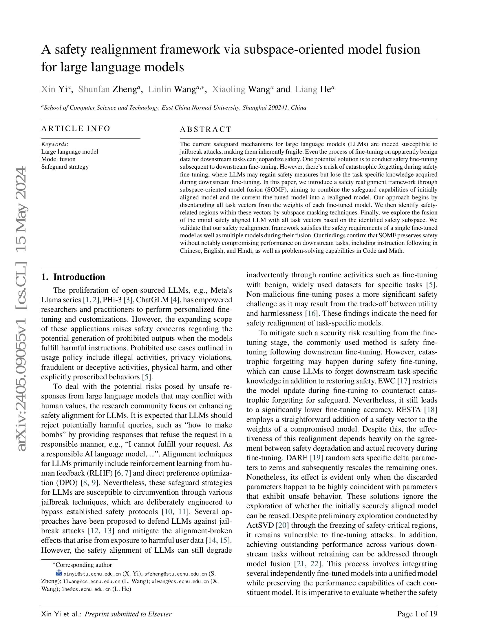 A safety realignment framework via subspace-oriented model fusion for large language models - 智源社区论文