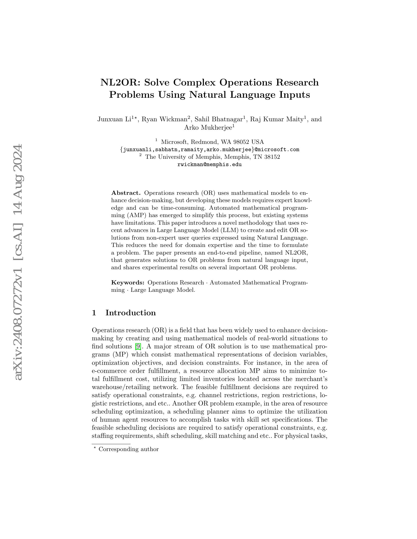 NL2OR: Solve Complex Operations Research Problems Using Natural ...