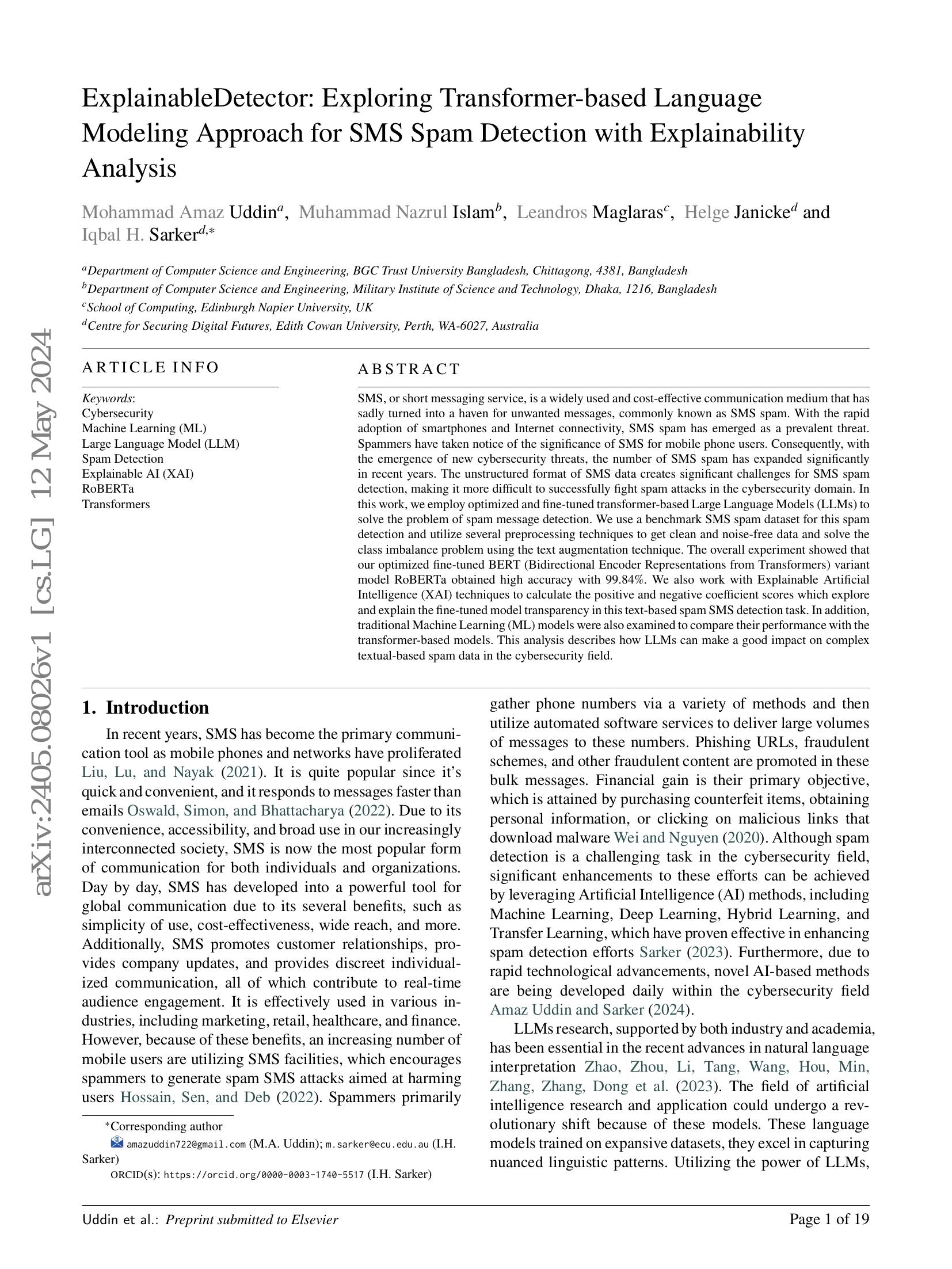 ExplainableDetector: Exploring Transformer-based Language Modeling Approach for SMS Spam ...