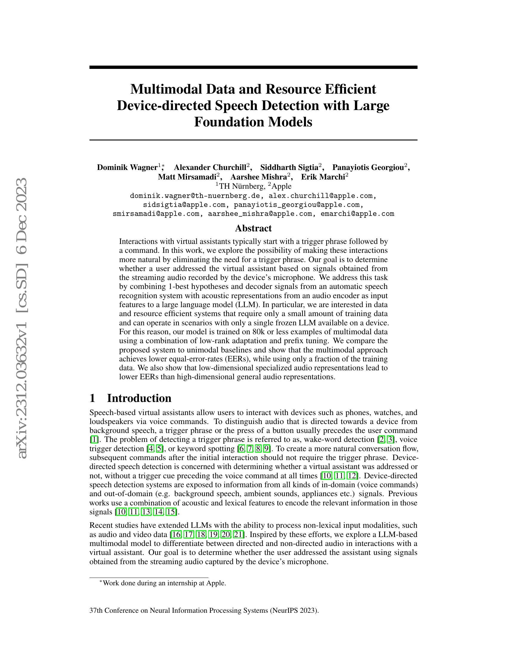 Multimodal Data and Resource Efficient Device-Directed Speech Detection with Large Foundation ...
