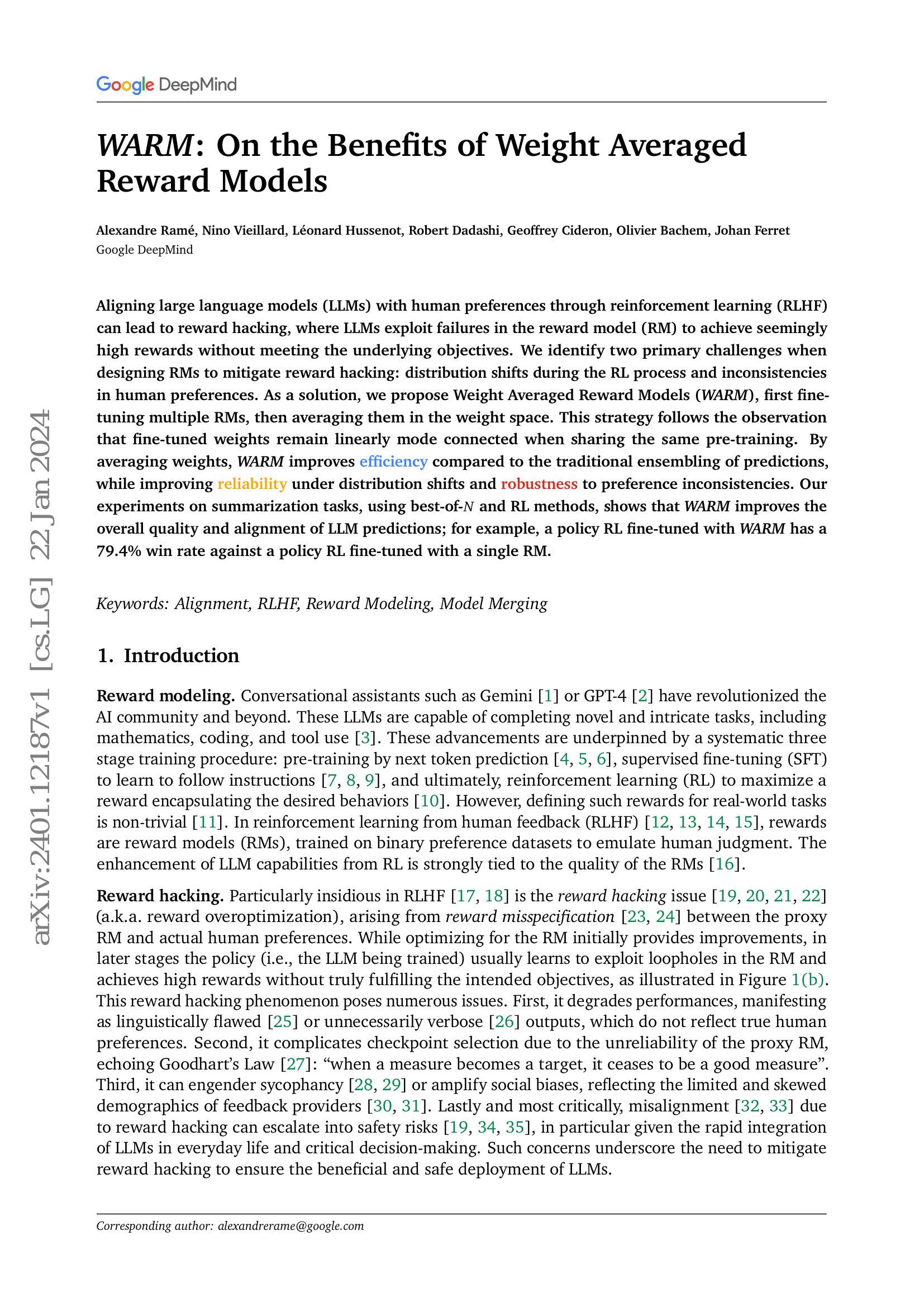 WARM: On the Benefits of Weight Averaged Reward Models - 智源社区论文